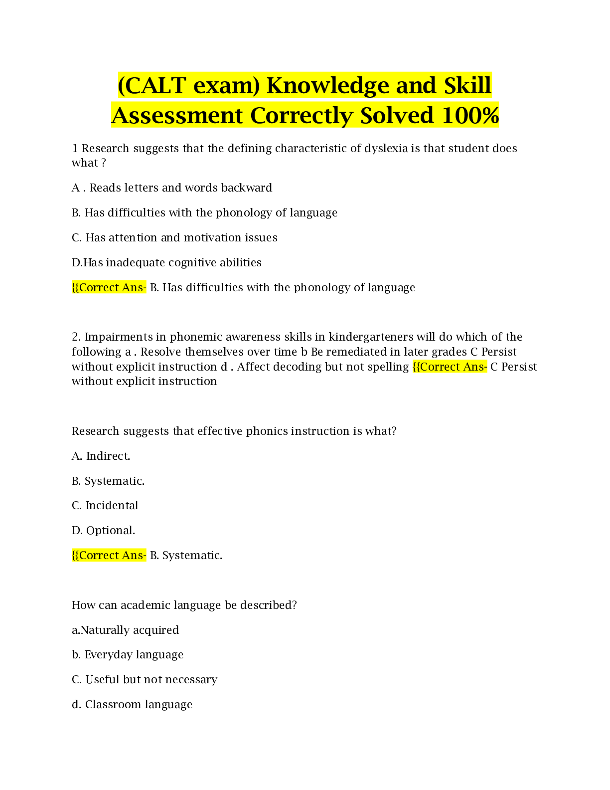 (CALT exam) Knowledge and Skill Assessment Correctly Solved 100% ...