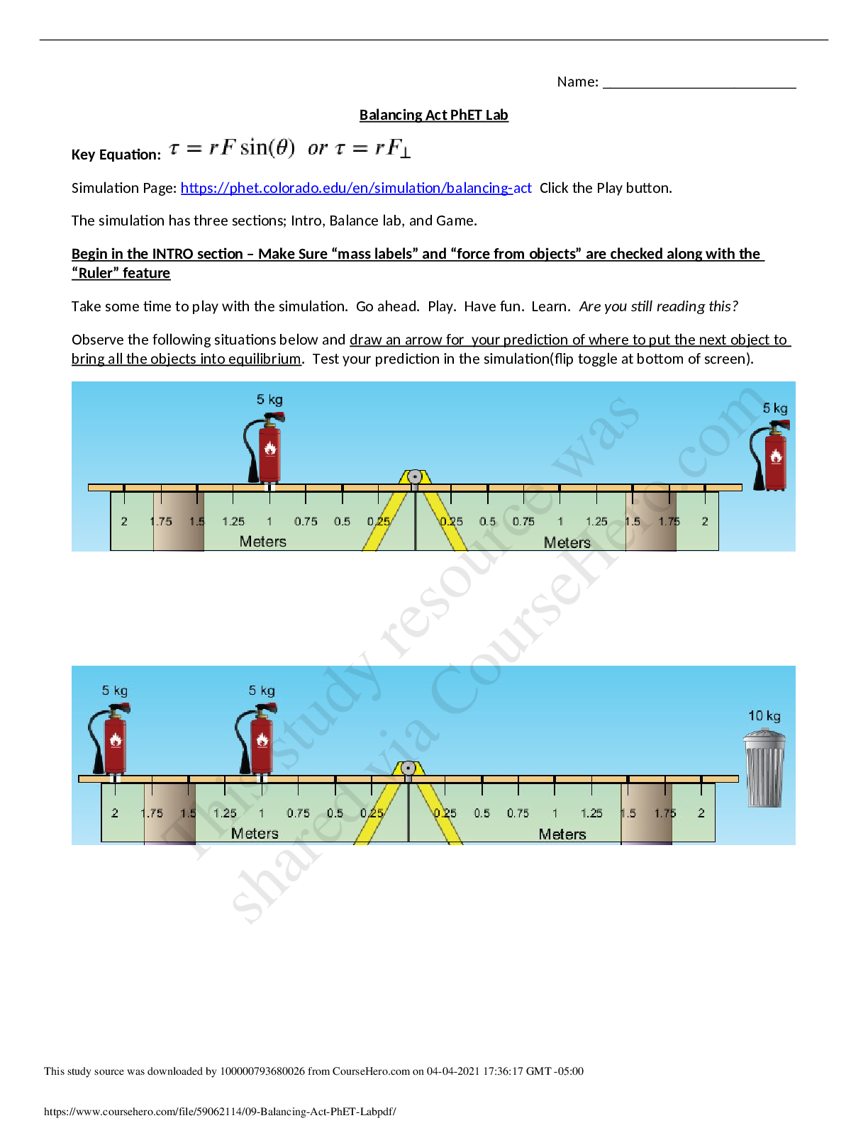 PHY 11709 Balancing Act PhET Lab - Scholarfriends