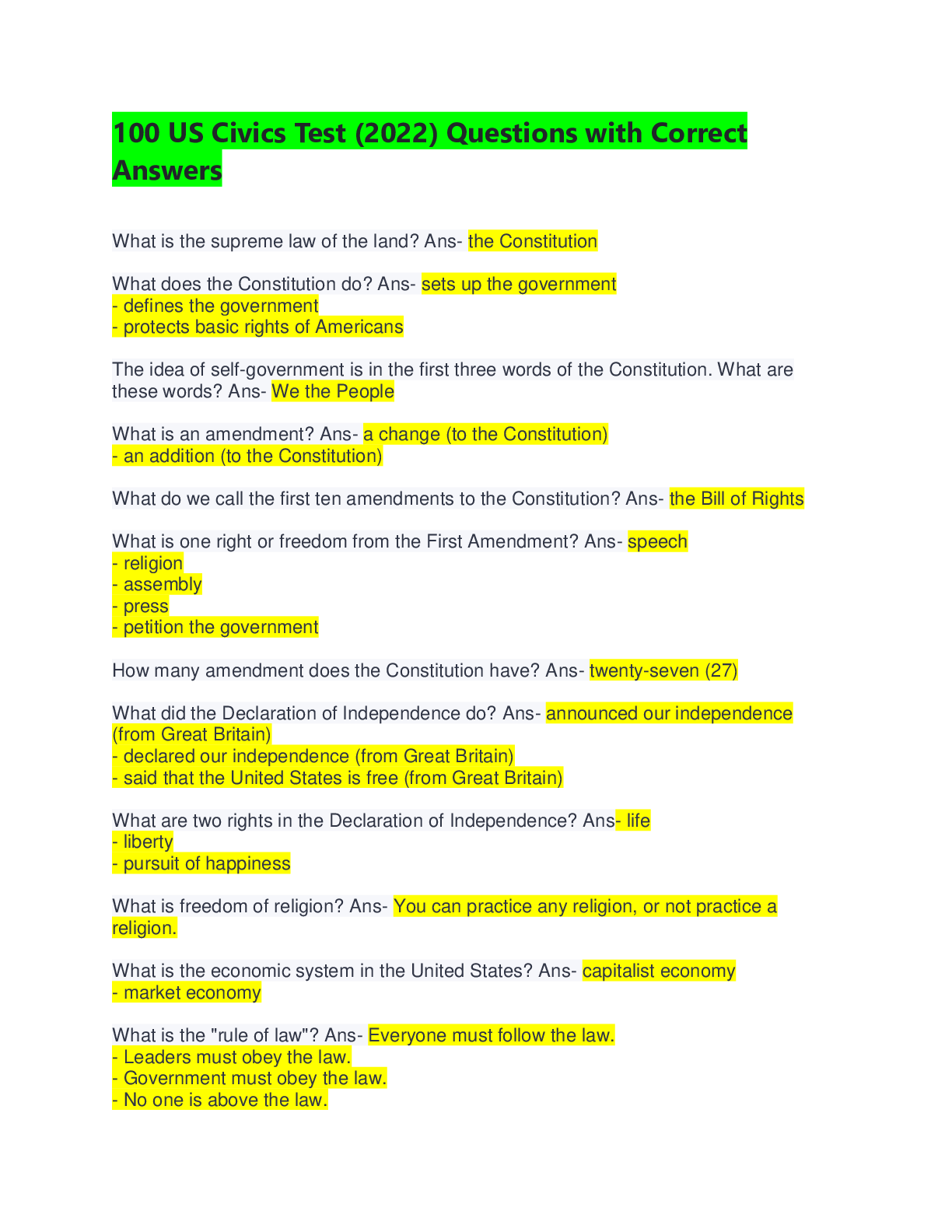 100 US Civics Test (2022) Questions with Correct Answers - Scholarfriends