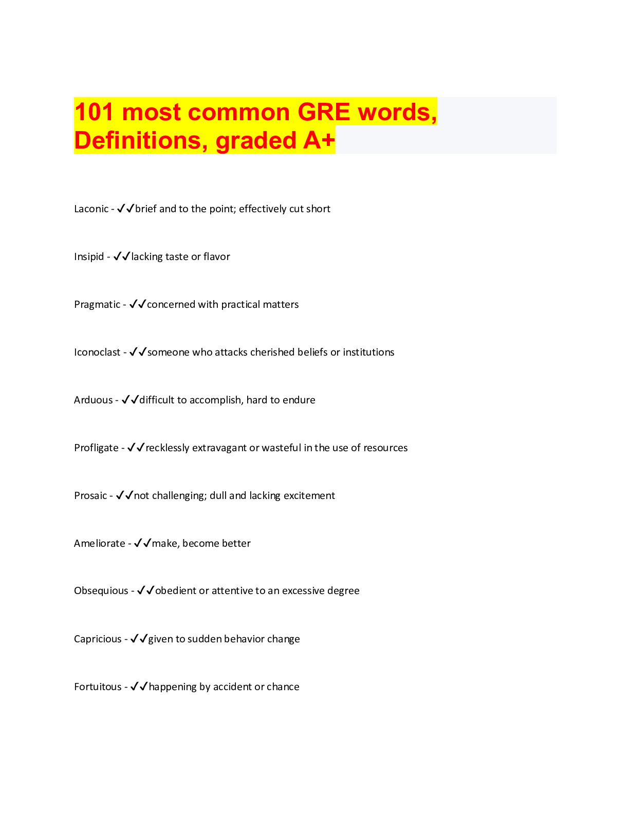 101 most common GRE words, Definitions, graded A+ – Scholarfriends ...