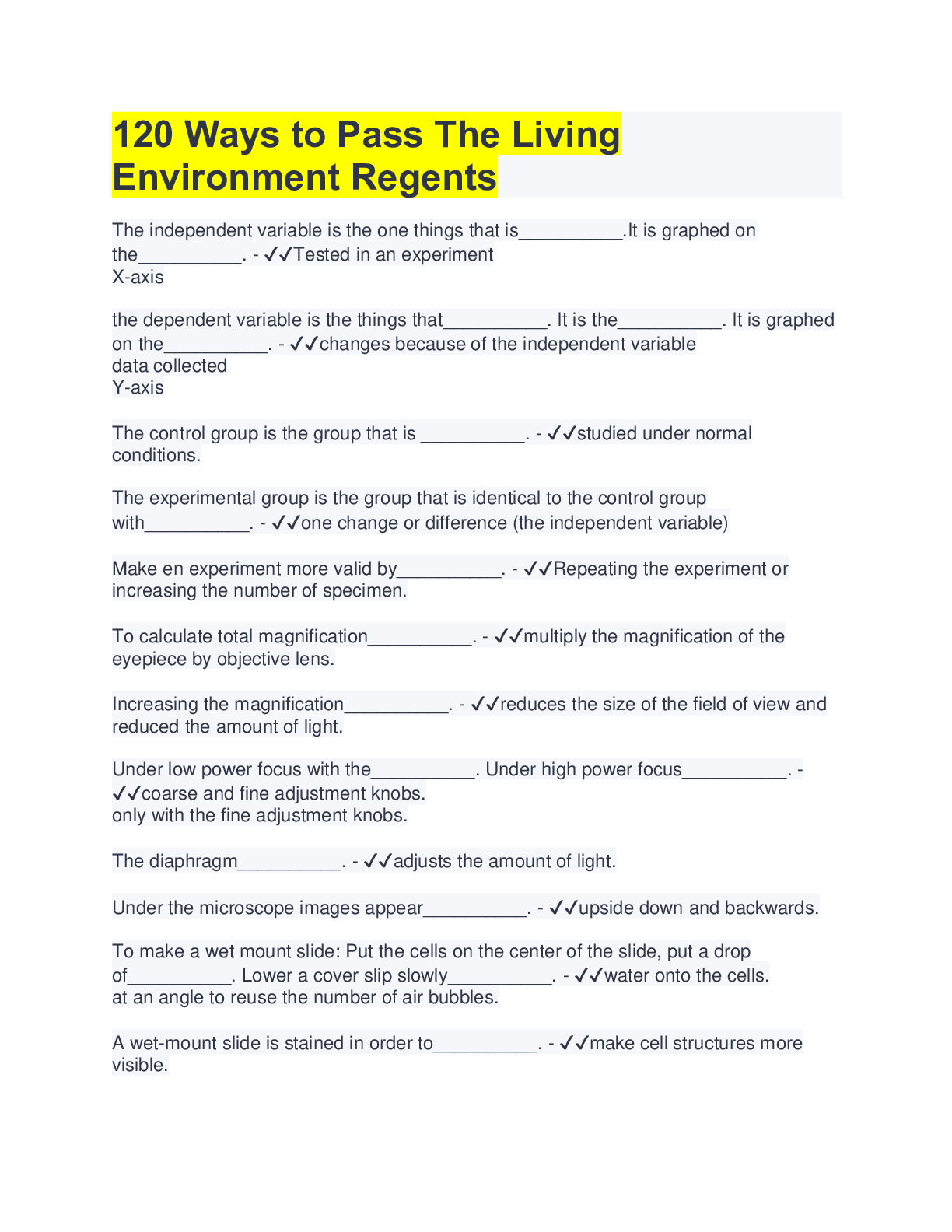 120 Ways to Pass The Living Environment Regents | 120 Questions | 100% ...