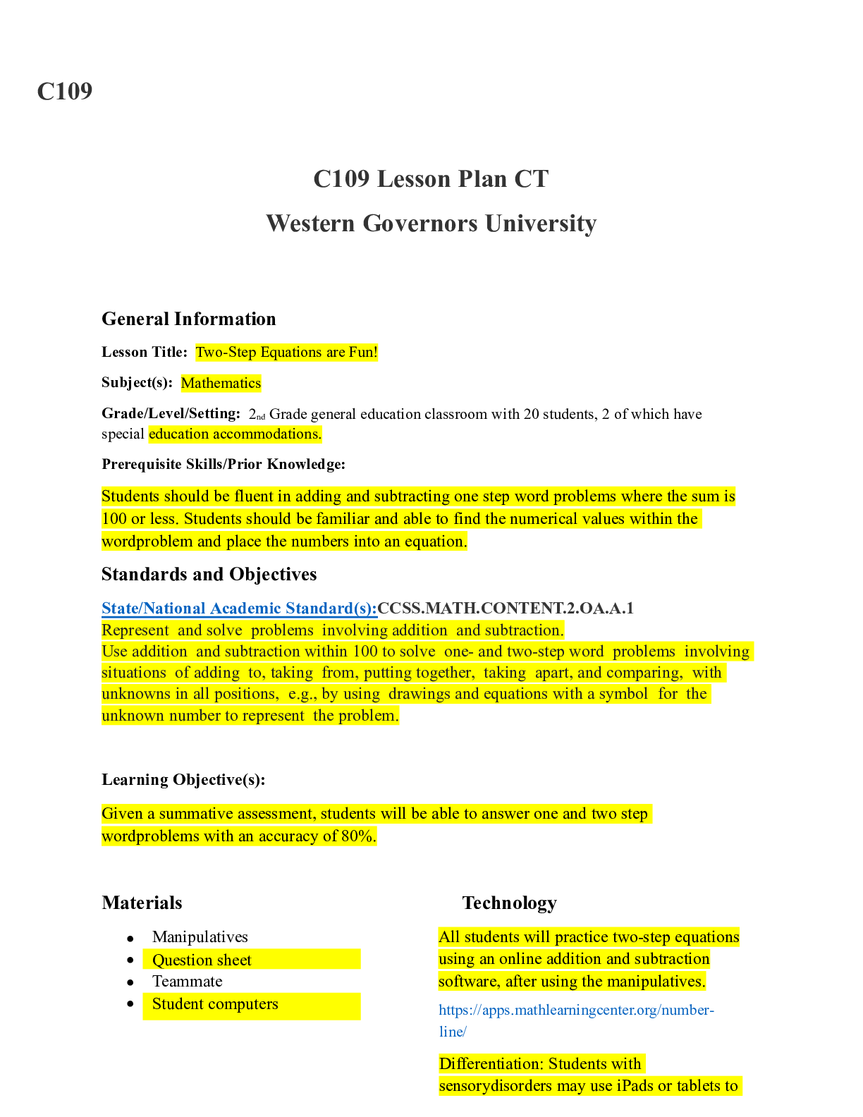 C109 Lesson Plan CT.docx C109 C109 Lesson Plan CT Western Governors ...