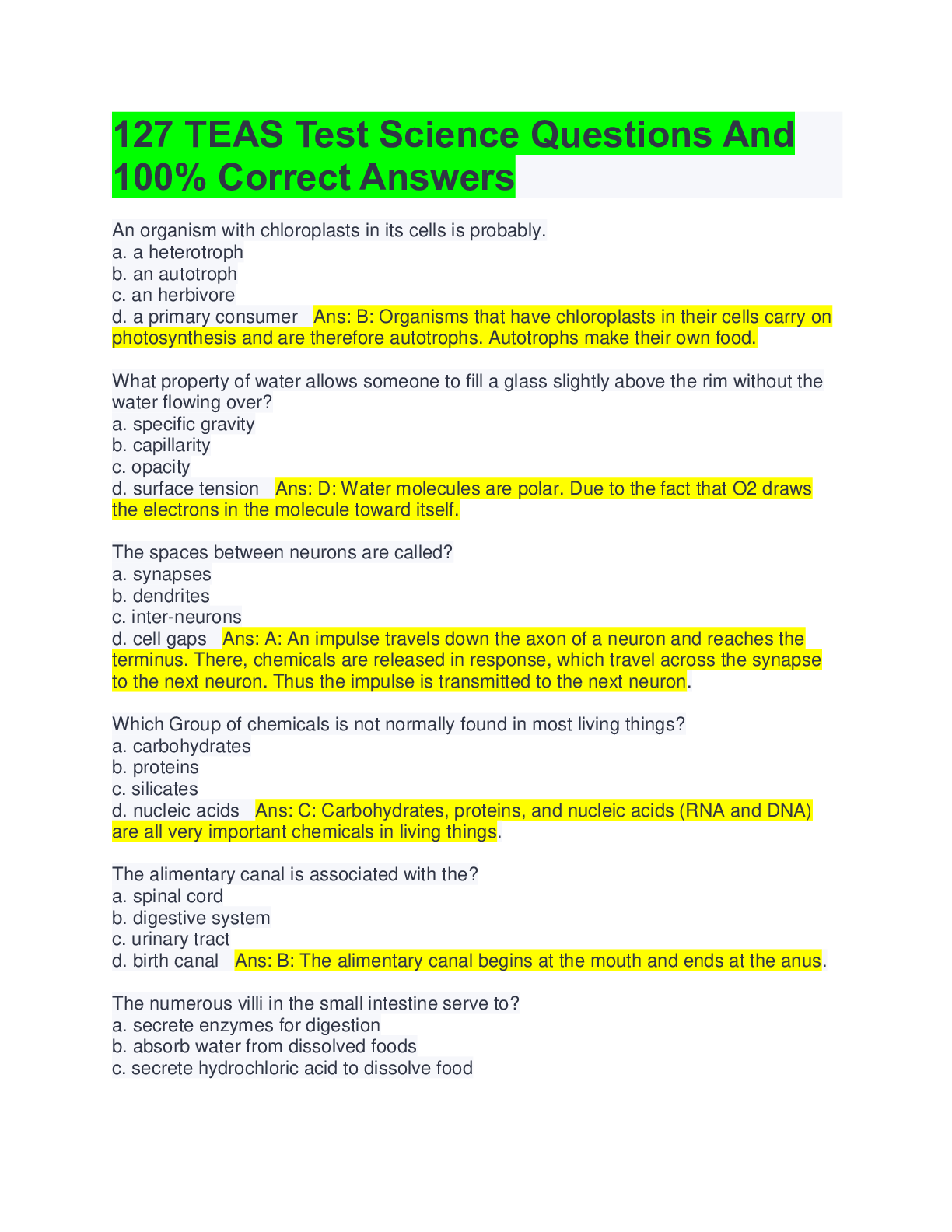 127 TEAS Test Science Questions And 100% Correct Answers, Rated A+ ...