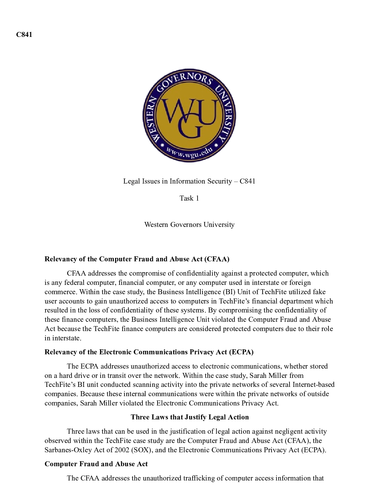 C841 Task 1 FINAL.docx C841 Legal Issues in Information Security â ...