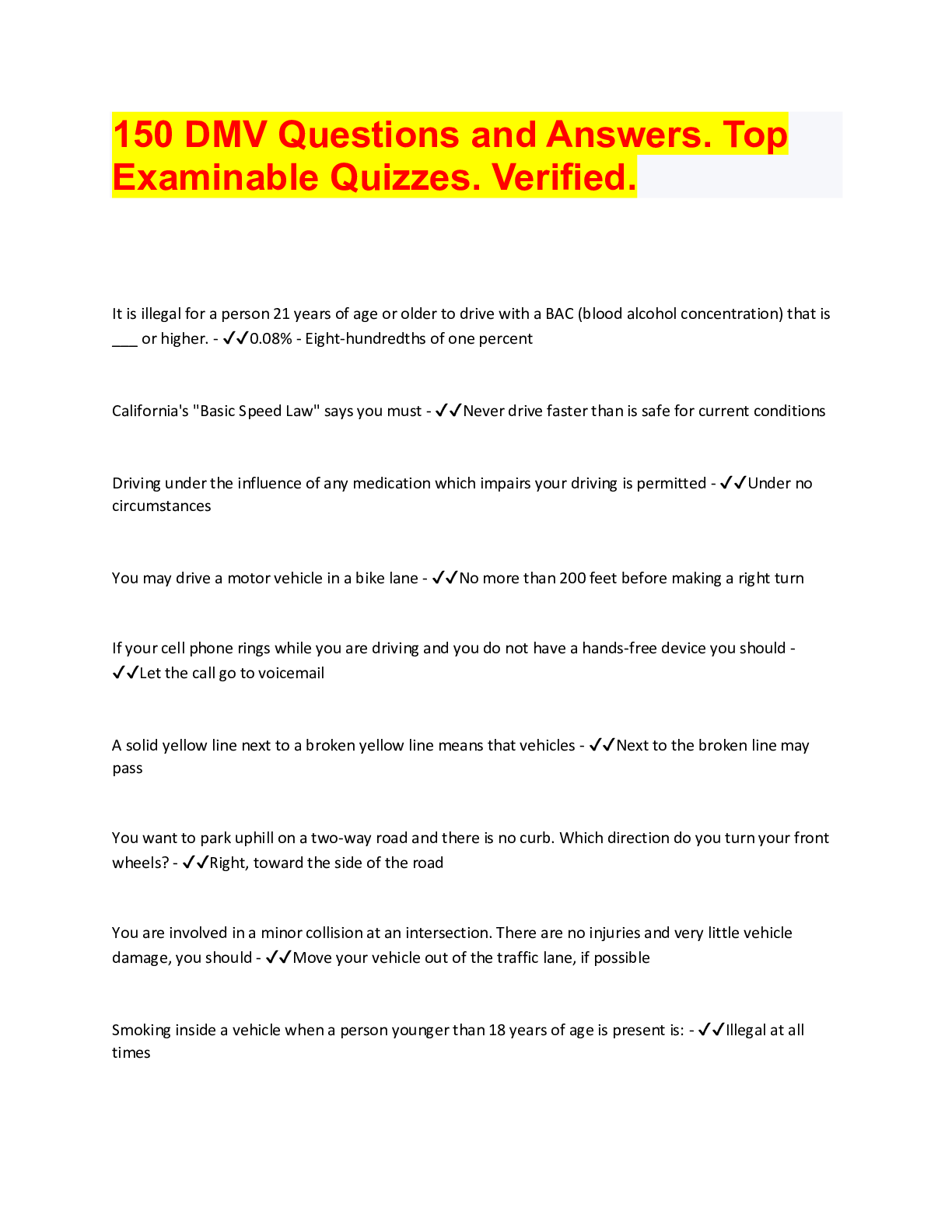 150 DMV Questions and Answers. Top Examinable Quizzes. Verified ...