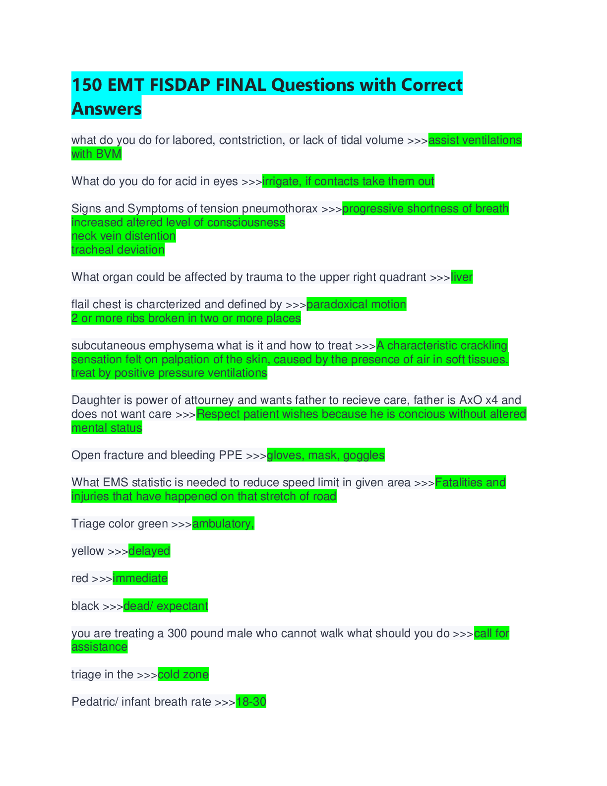 150 EMT FISDAP FINAL Questions with Correct Answers, 2022/2023. Rated A ...
