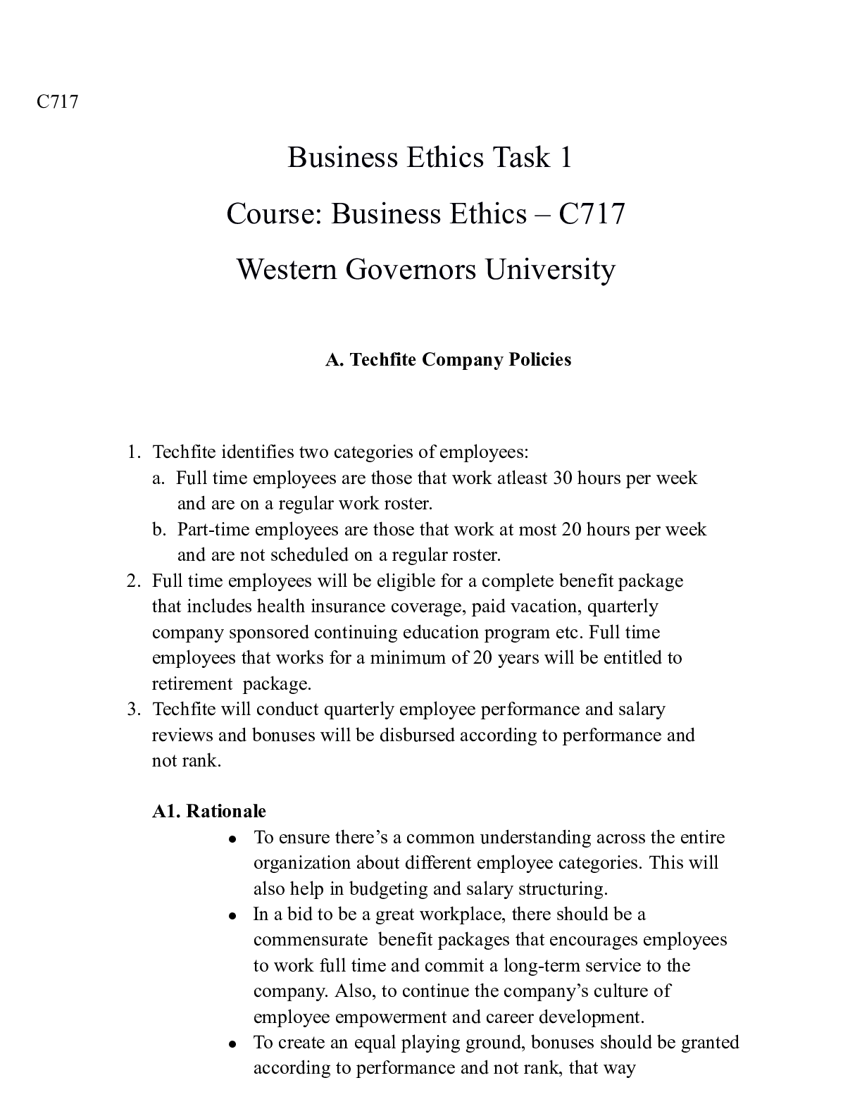 Business Ethics Task 1 C717 Business Ethics Task 1 Course: Business ...