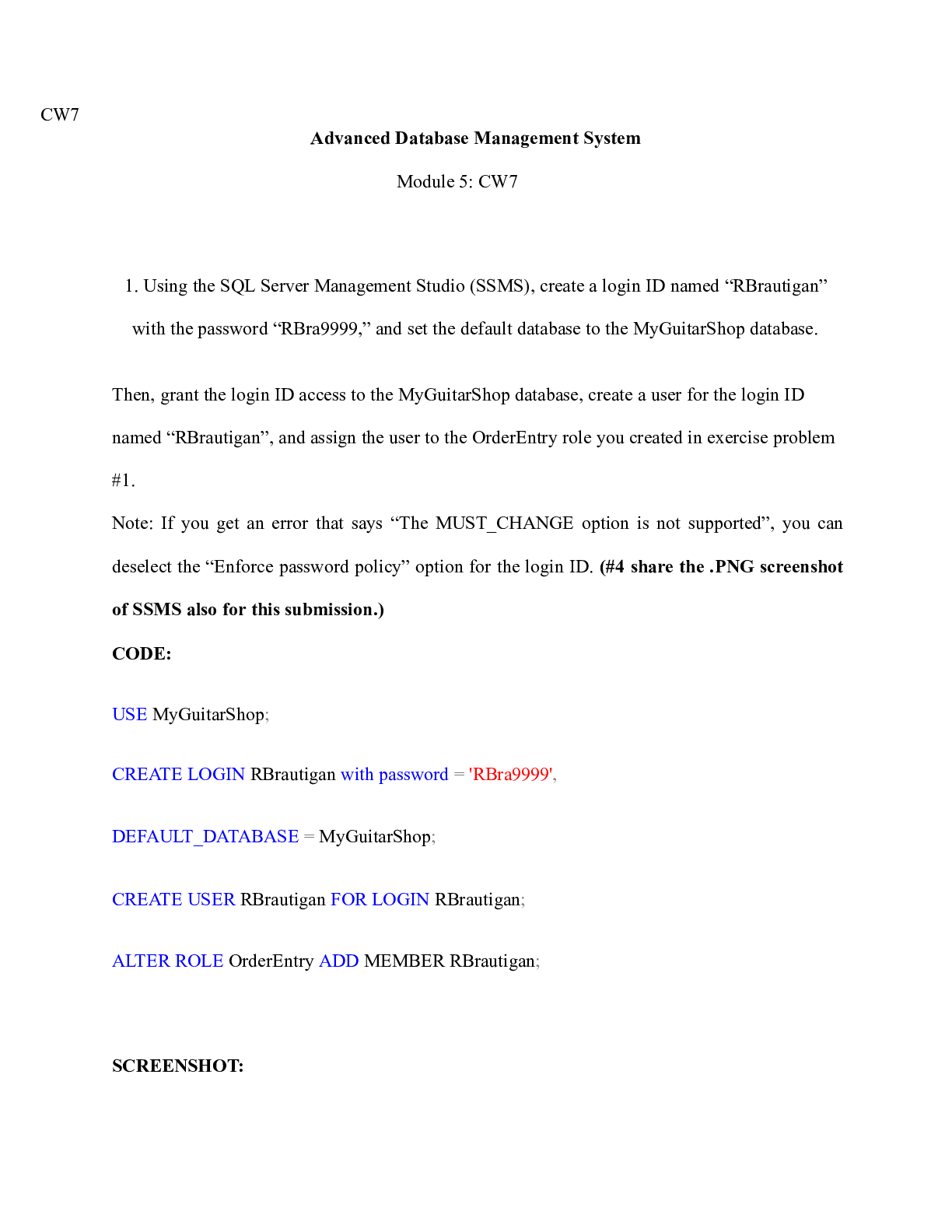 CW7-530.docx CW7 Advanced Database Management System Module 5: CW7 1 ...