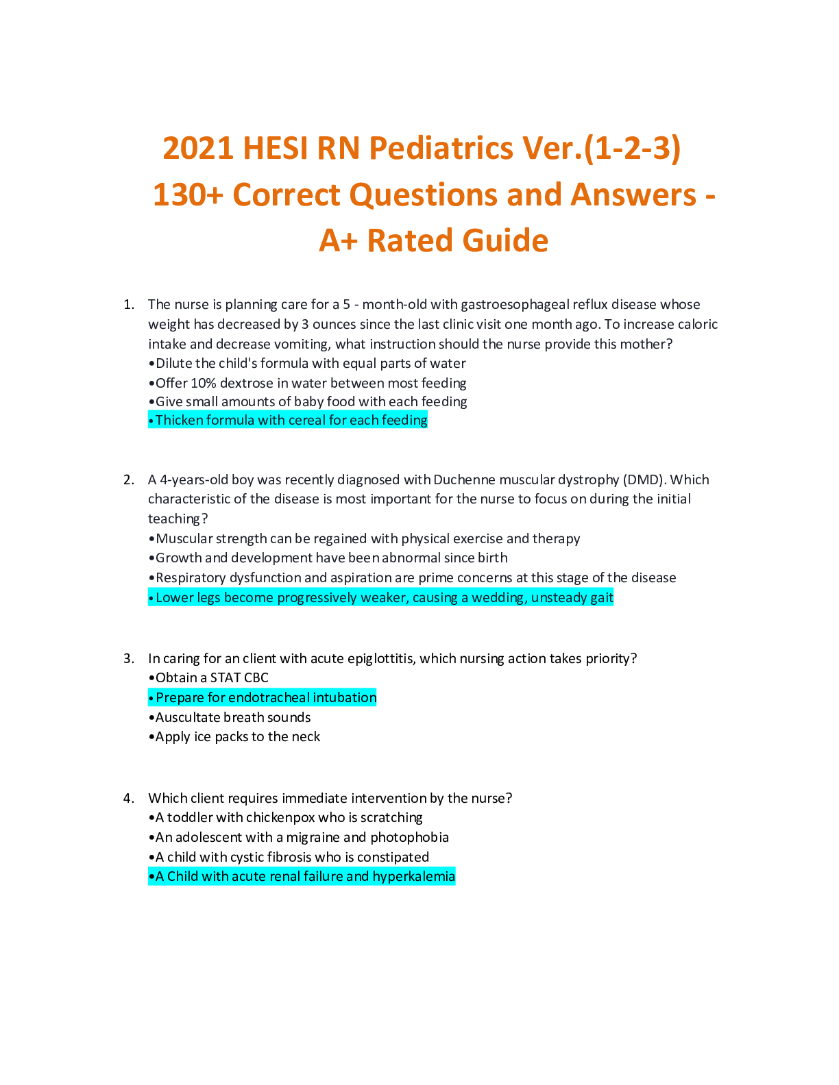 2021 HESI RN Pediatrics Ver.(1-2-3) 130+ Correct Questions and Answers ...