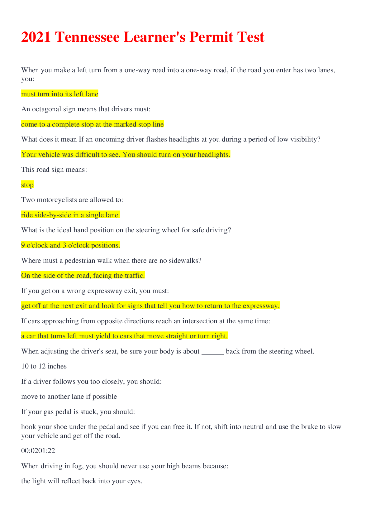 2021 Tennessee Learner's Permit Test Exams with signs and ...