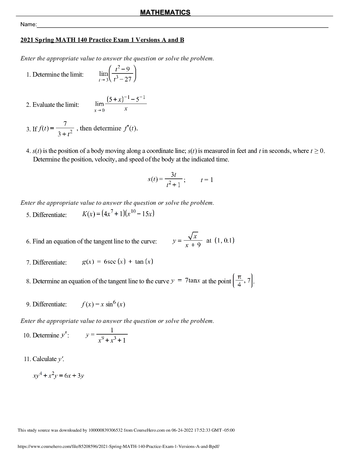2021_Spring_MATH_140_Practice_Exam_1_Versions_A_and_B. – Scholarfriends ...
