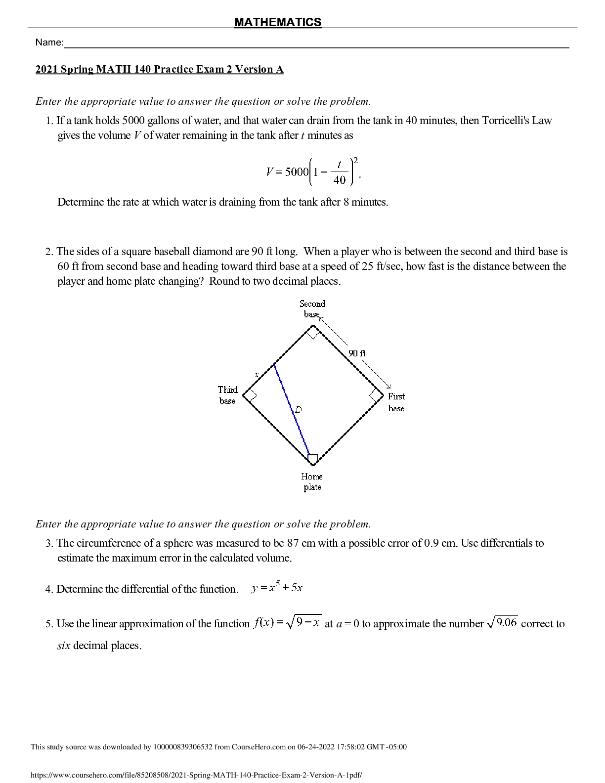 2021 Spring MATH 140 Practice Exam 2 Version A – Scholarfriends ...