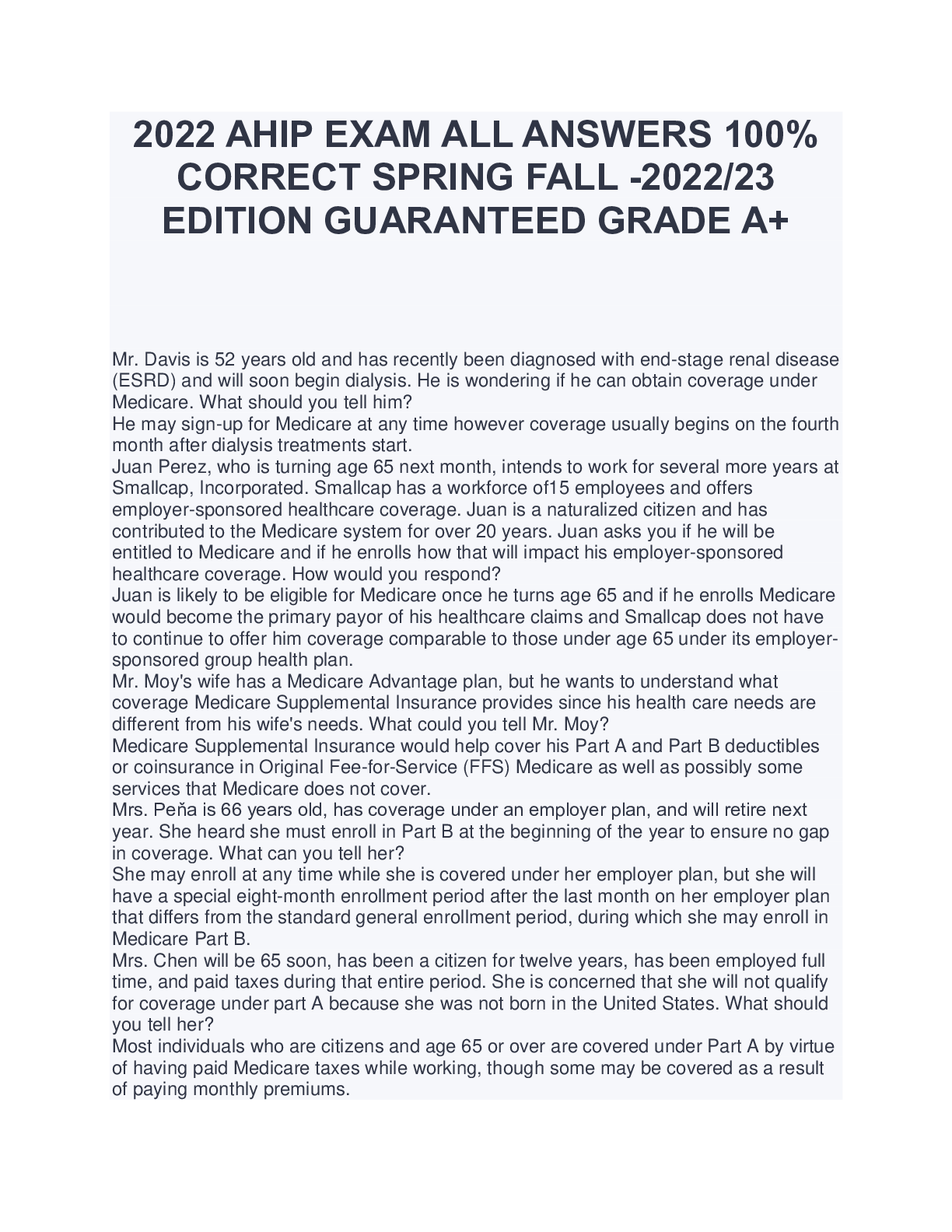 2022 AHIP EXAM ALL ANSWERS 100% CORRECT SPRING FALL -2022/23 EDITION ...