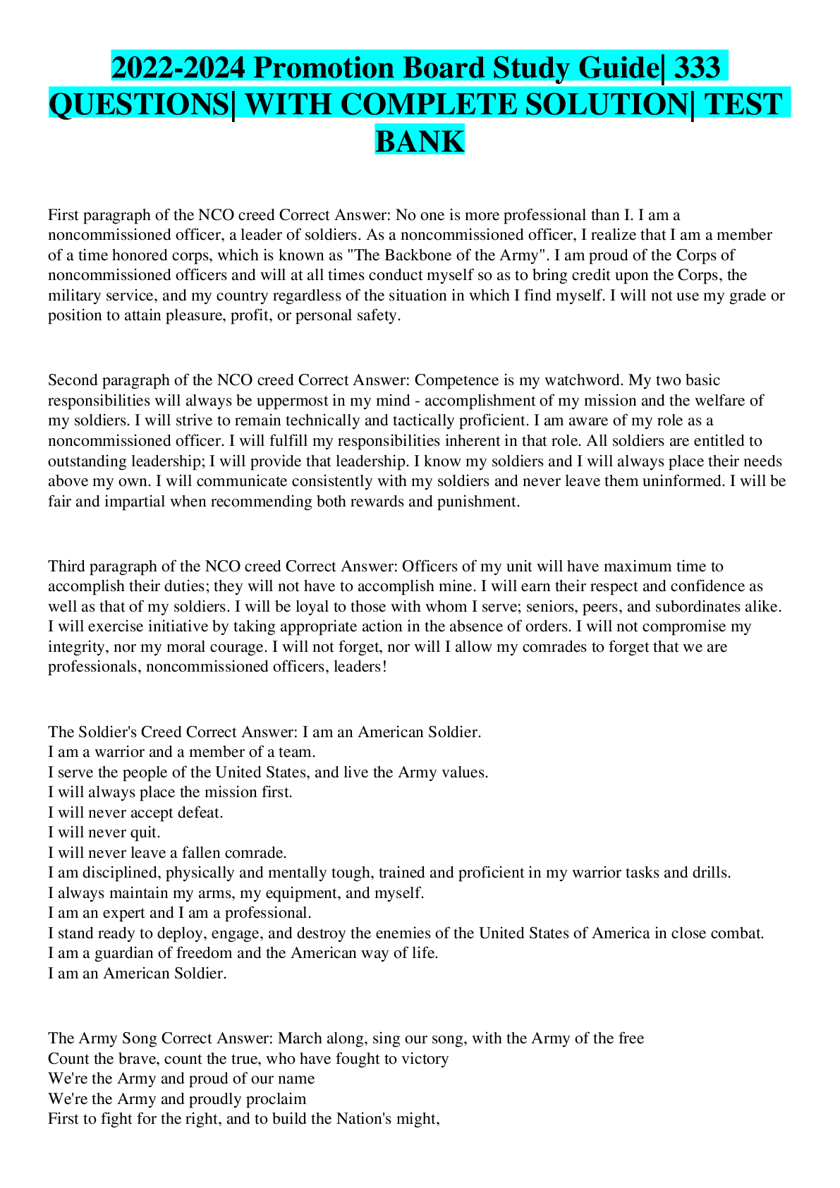 2022-2024 Promotion Board Study Guide| 333 QUESTIONS| WITH COMPLETE ...