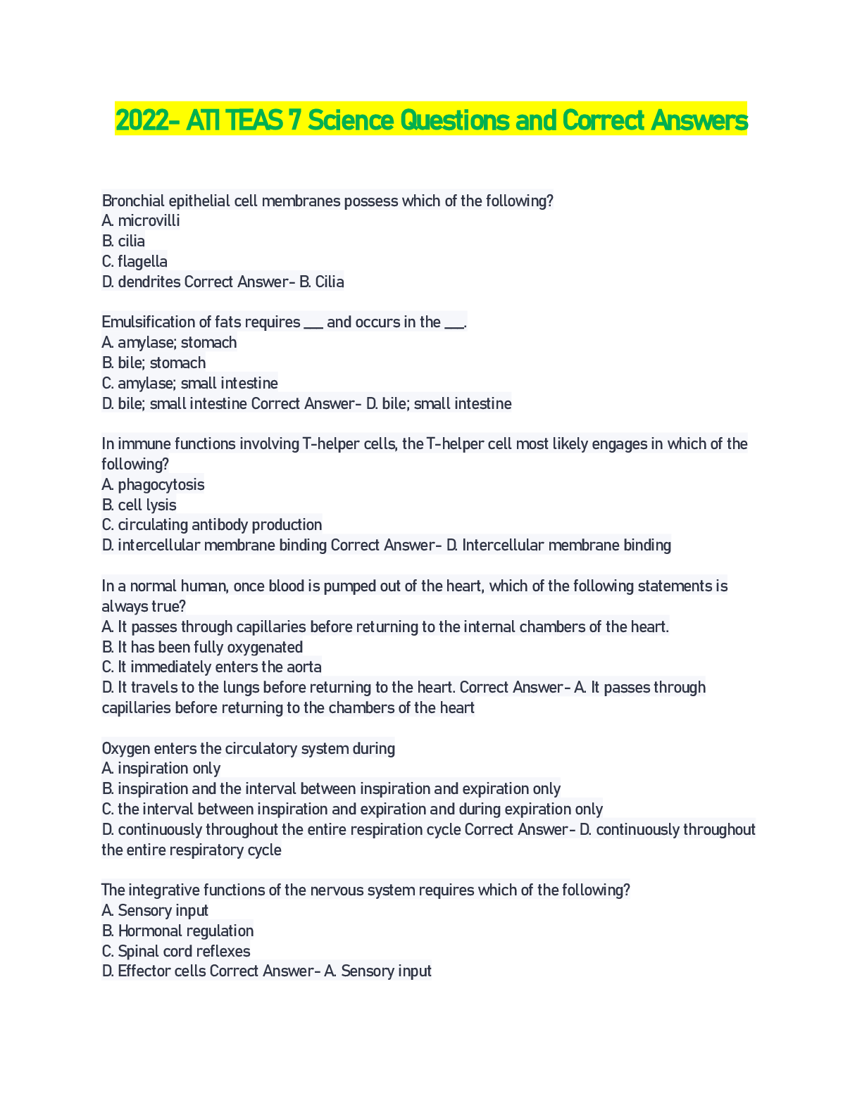 2022- ATI TEAS 7 Science Questions and Correct Answers - Scholarfriends