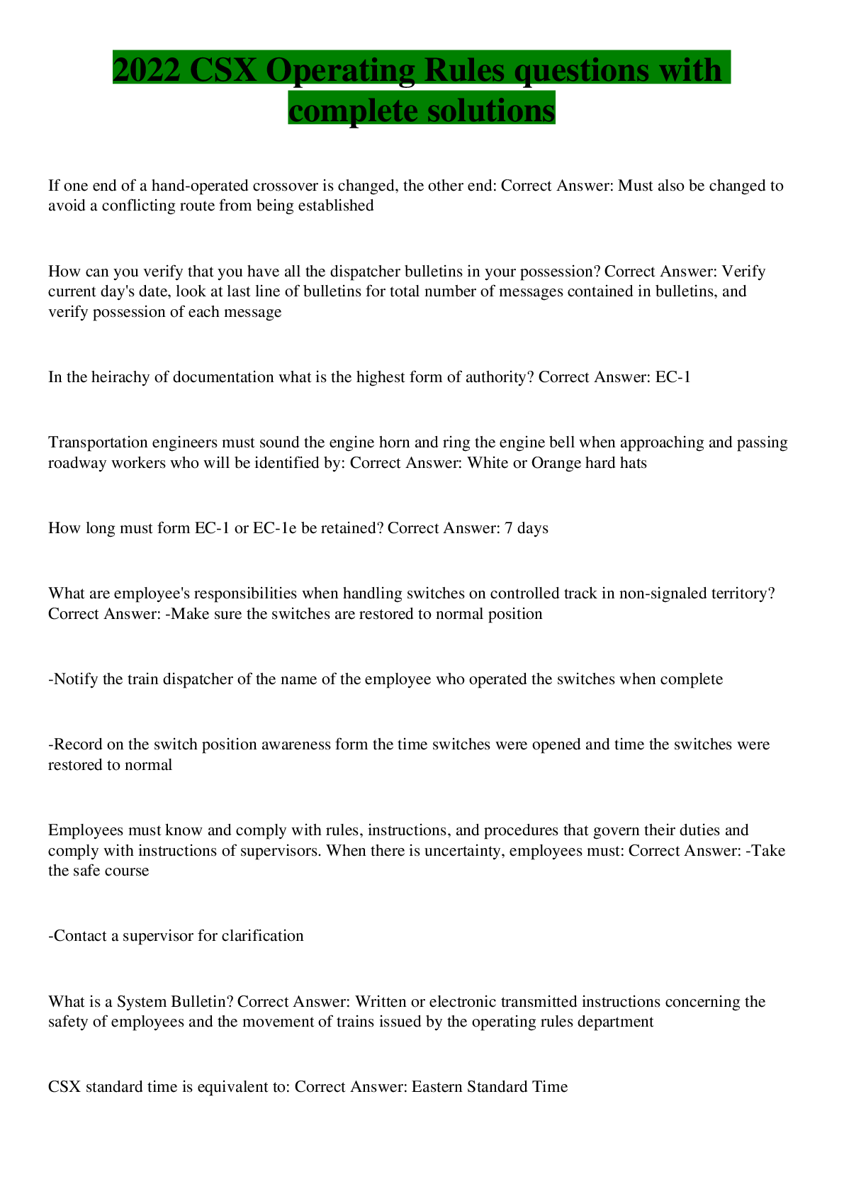2022 CSX Operating Rules questions with complete solutions - Scholarfriends
