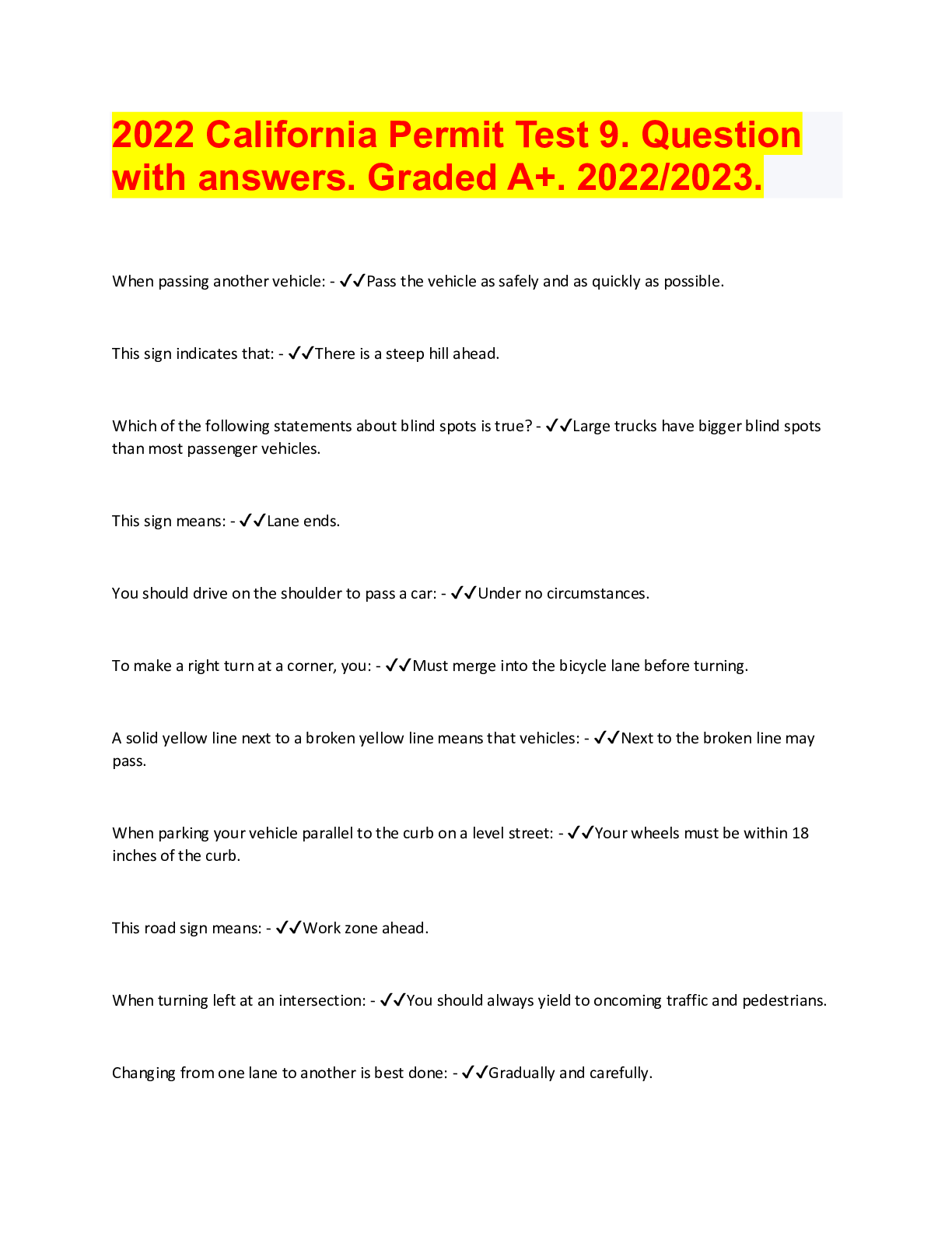 2022 California Permit Test 9. Question with answers. Graded A+. 2022/ ...