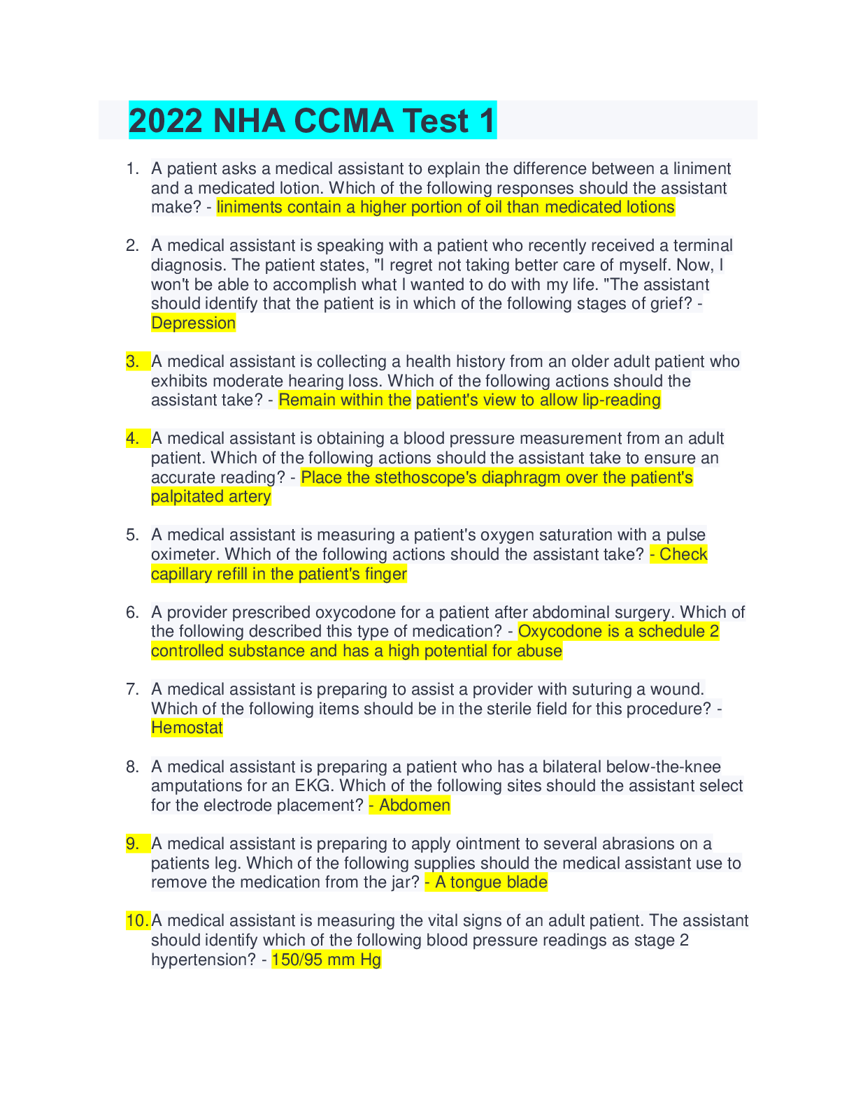 2022 NHA CCMA Test 1: MA EXAM ; Questions and Answers (Solved ...