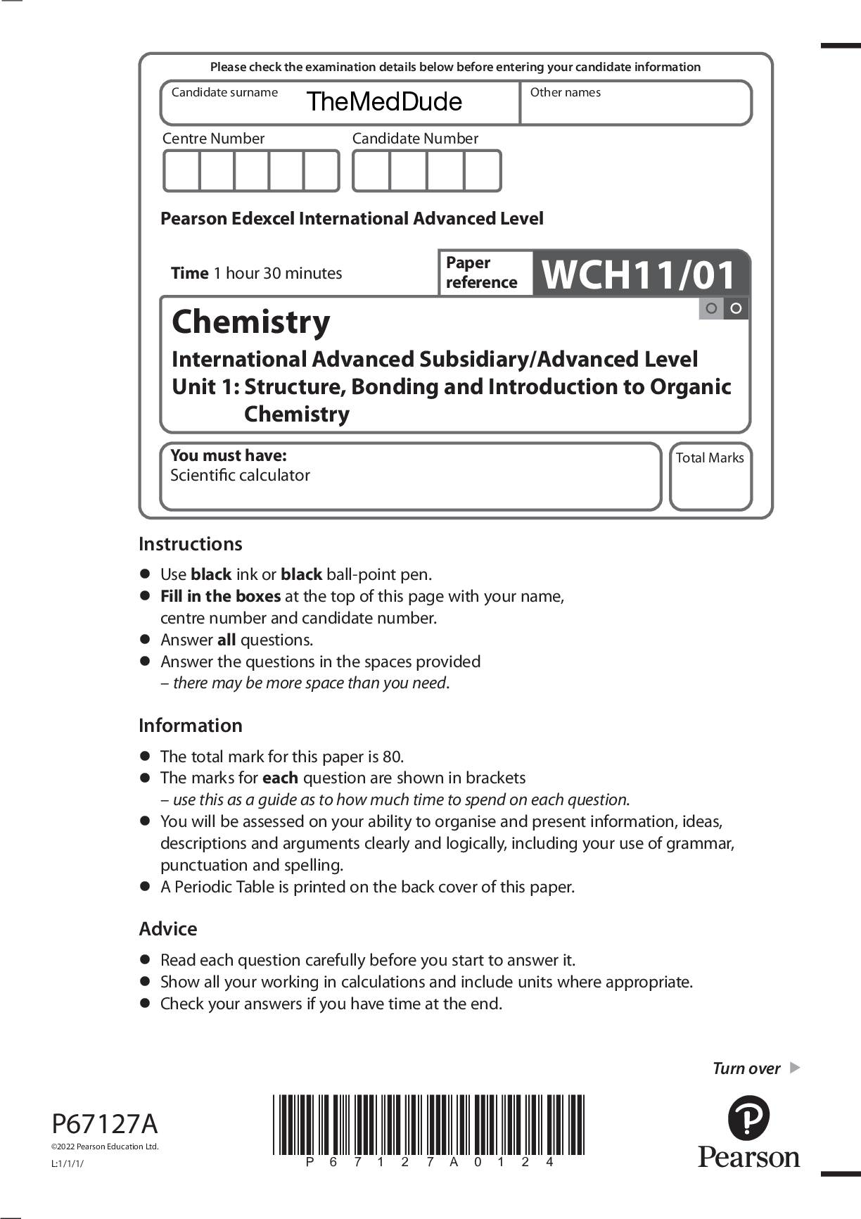 Pearson Edexcel International Advanced Level 2022 WCH11/01 Chemistry ...