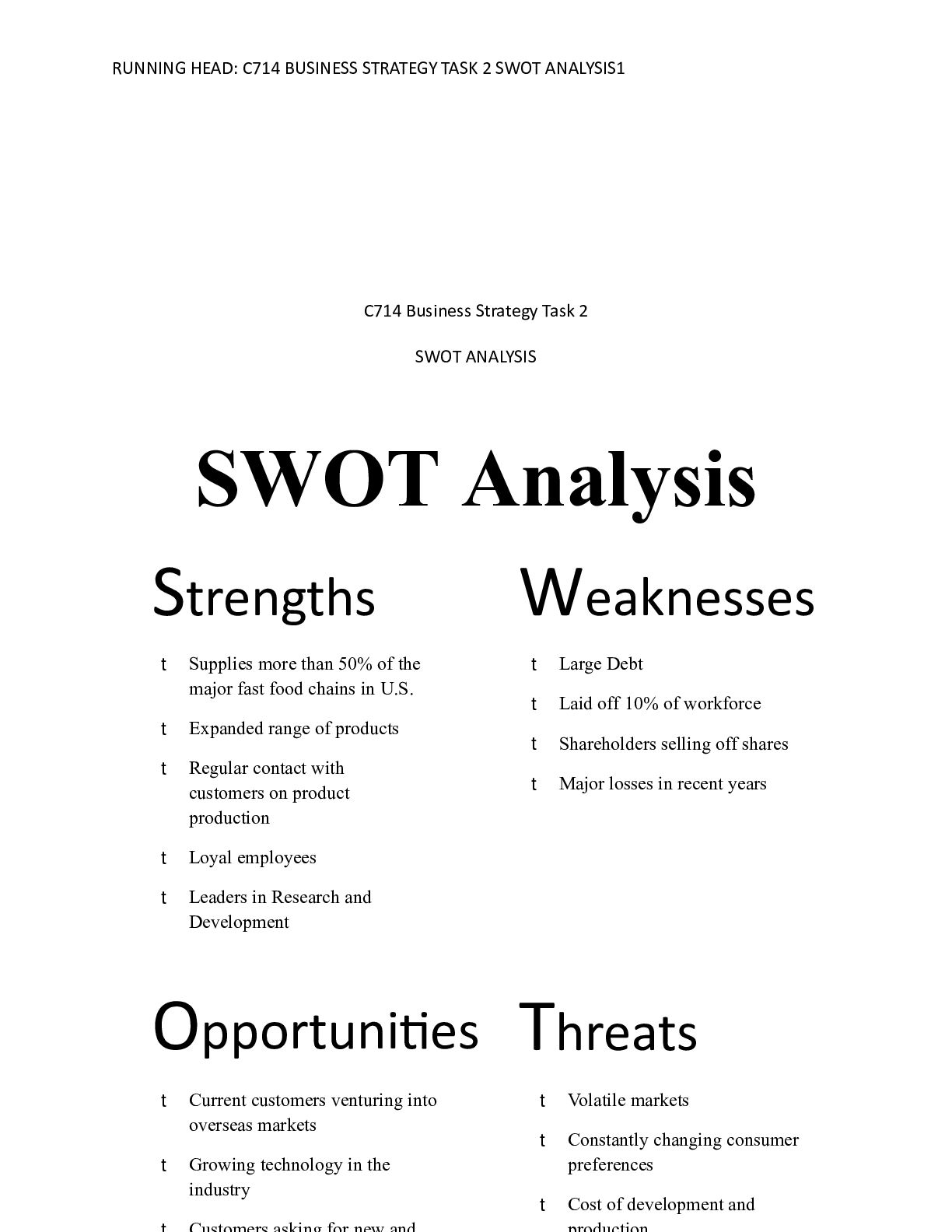 C714 Business Strategy Task C714 Business Strategy Task 2 SWOT ANALYSIS ...