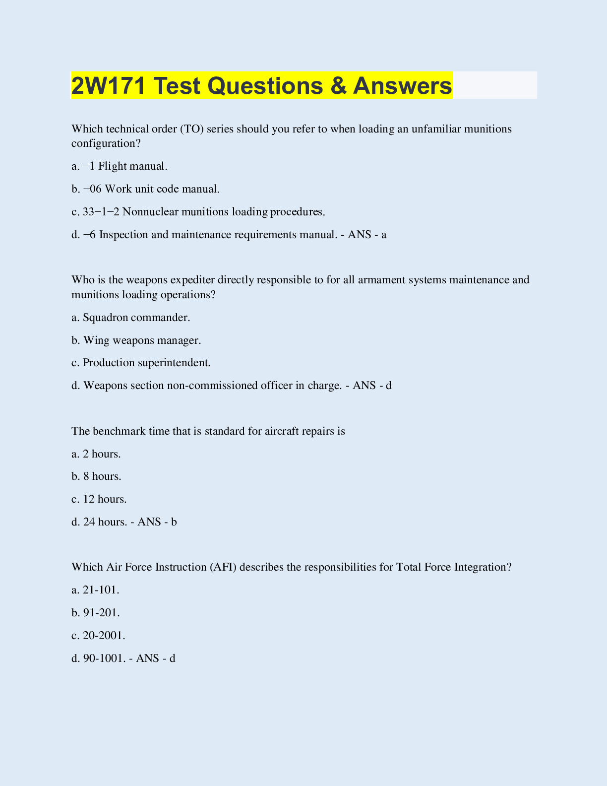 2W171 Test Questions & Answers | 100 Questions with 100% Correct ...
