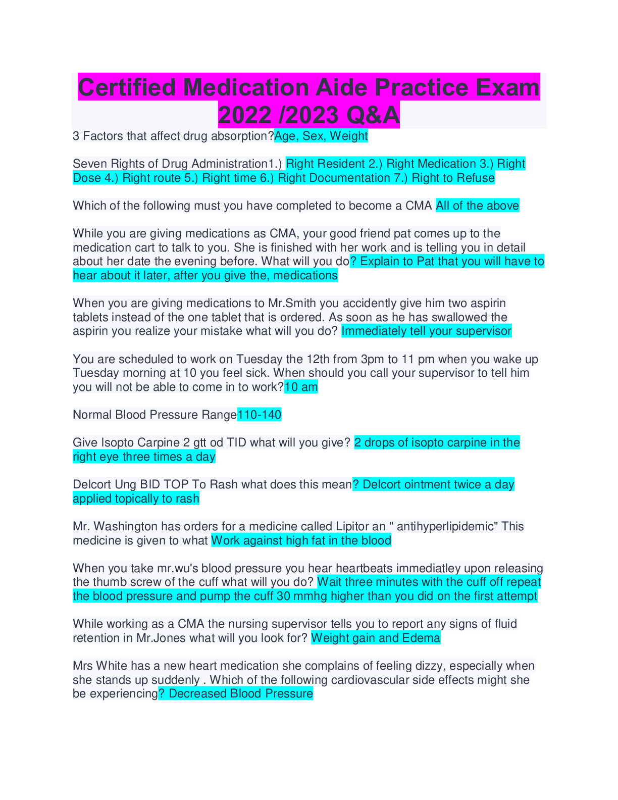 Certified Medication Aide Practice Exam 2022 /2023 Q&A - Scholarfriends
