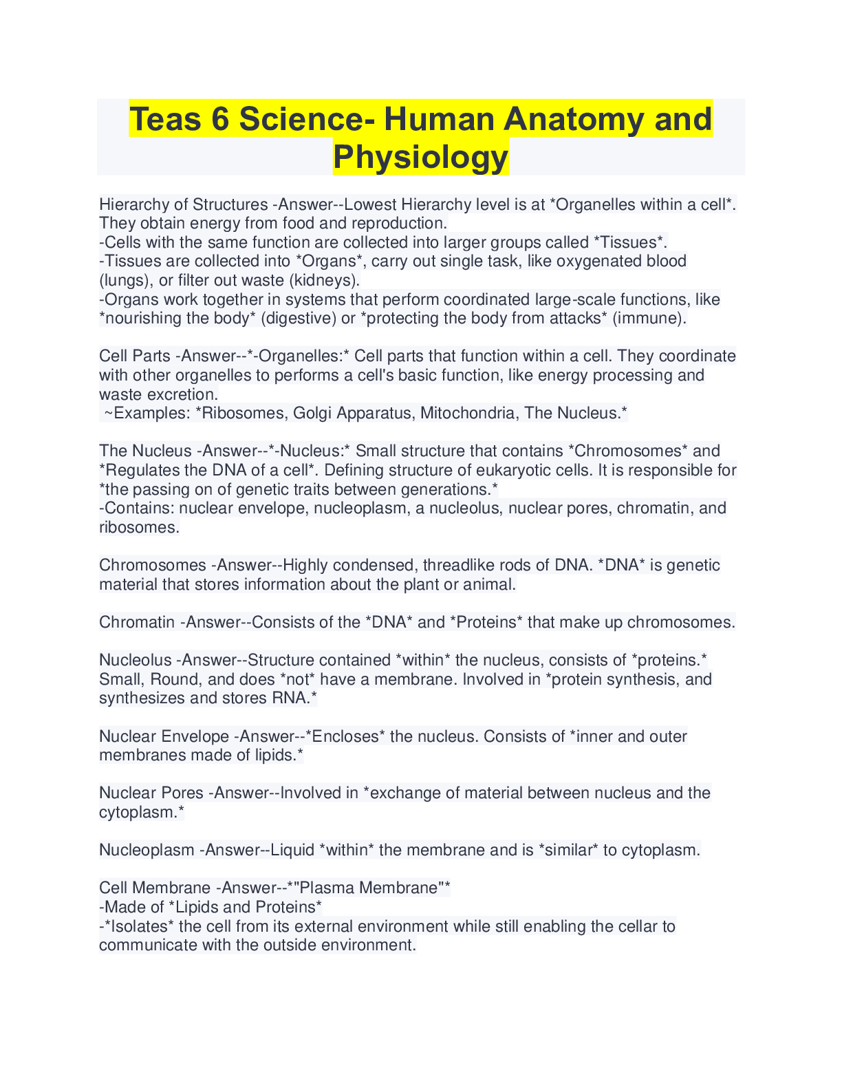 Teas 6 Science- Human Anatomy and Physiology - Scholarfriends