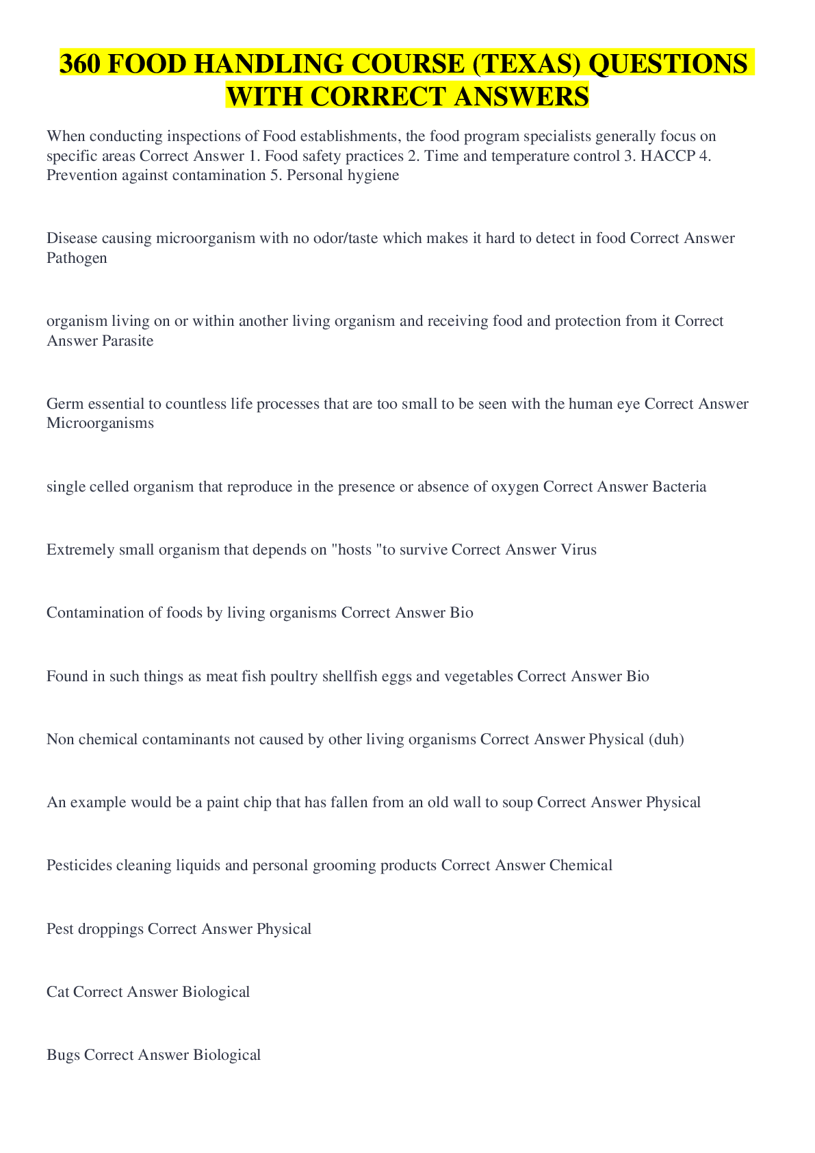 360 FOOD HANDLING COURSE (TEXAS) QUESTIONS WITH CORRECT ANSWERS ...