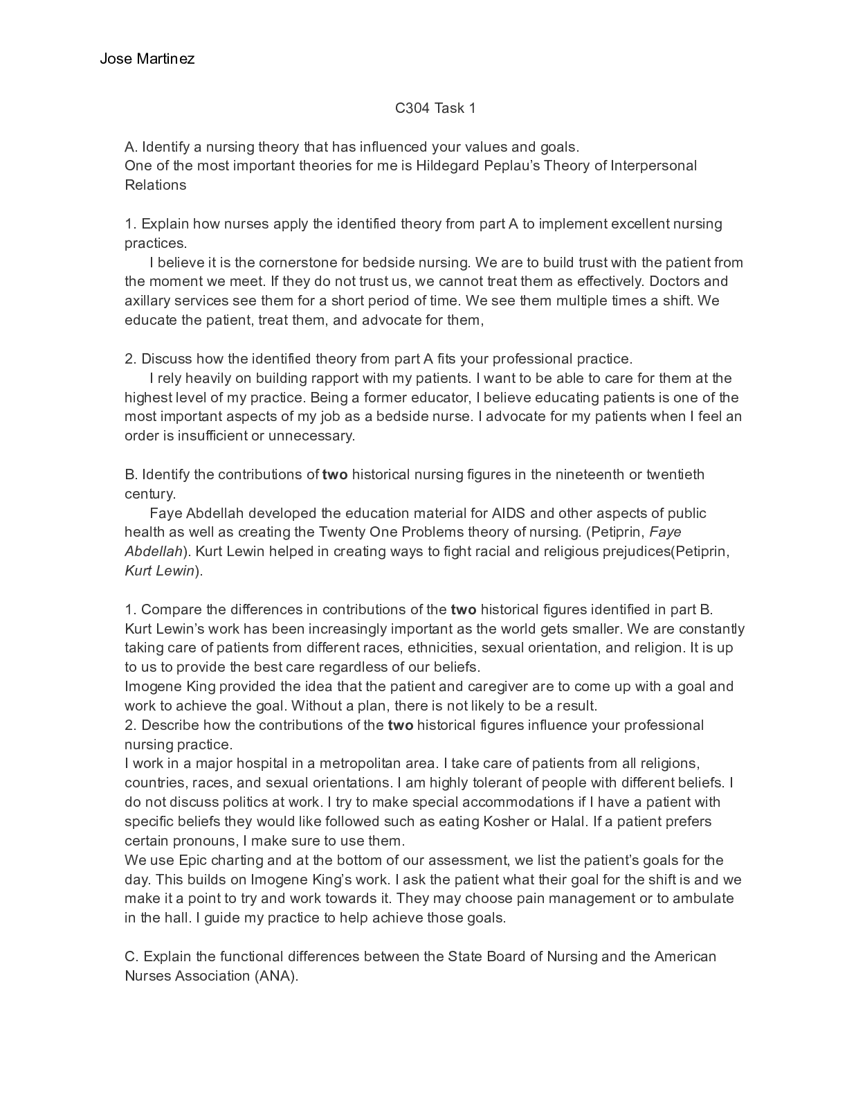 Task_1_C304 C304 Task 1 A. Identify a nursing theory that has ...