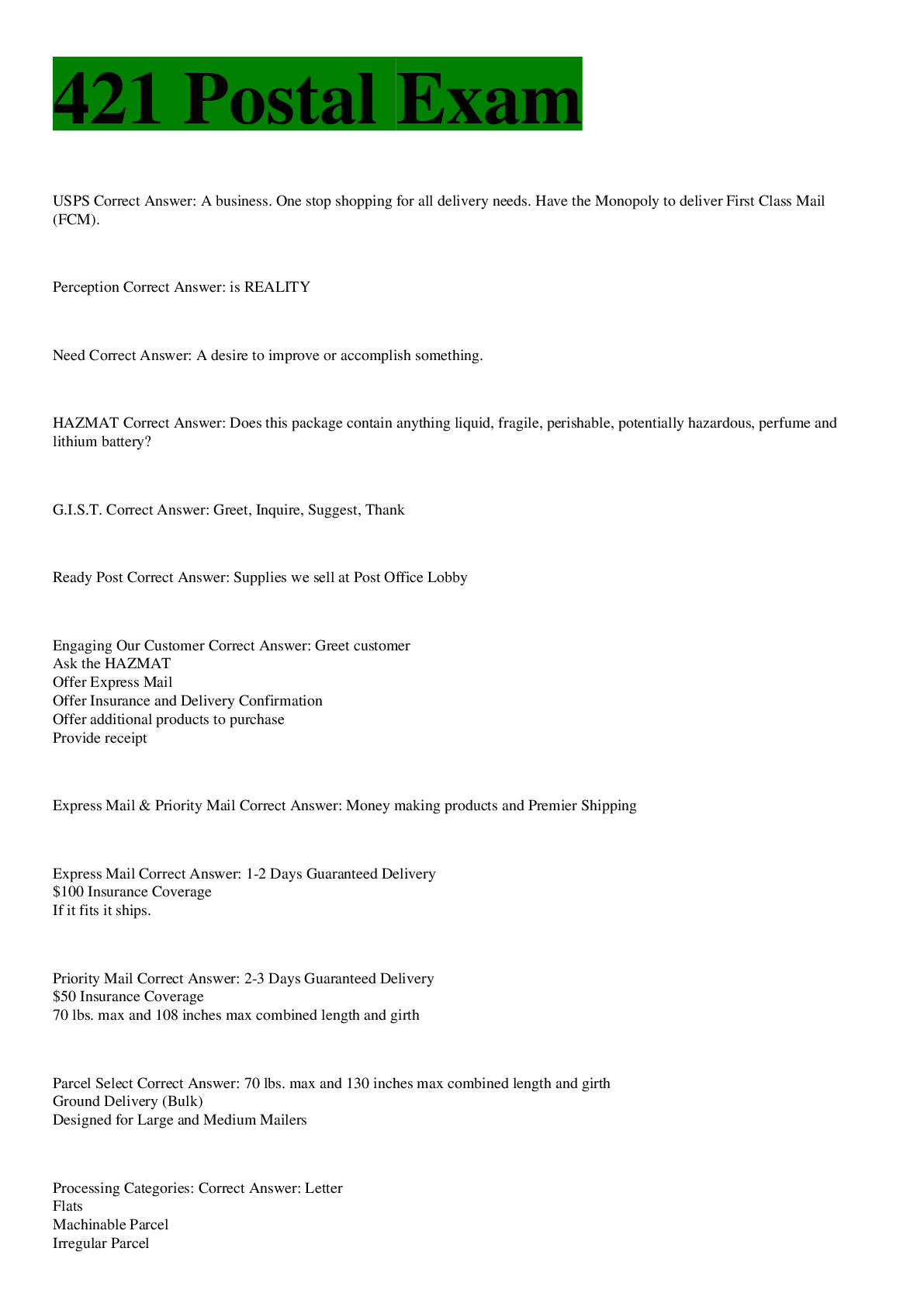 421 Postal Exam questions and answers all correct – Scholarfriends ...