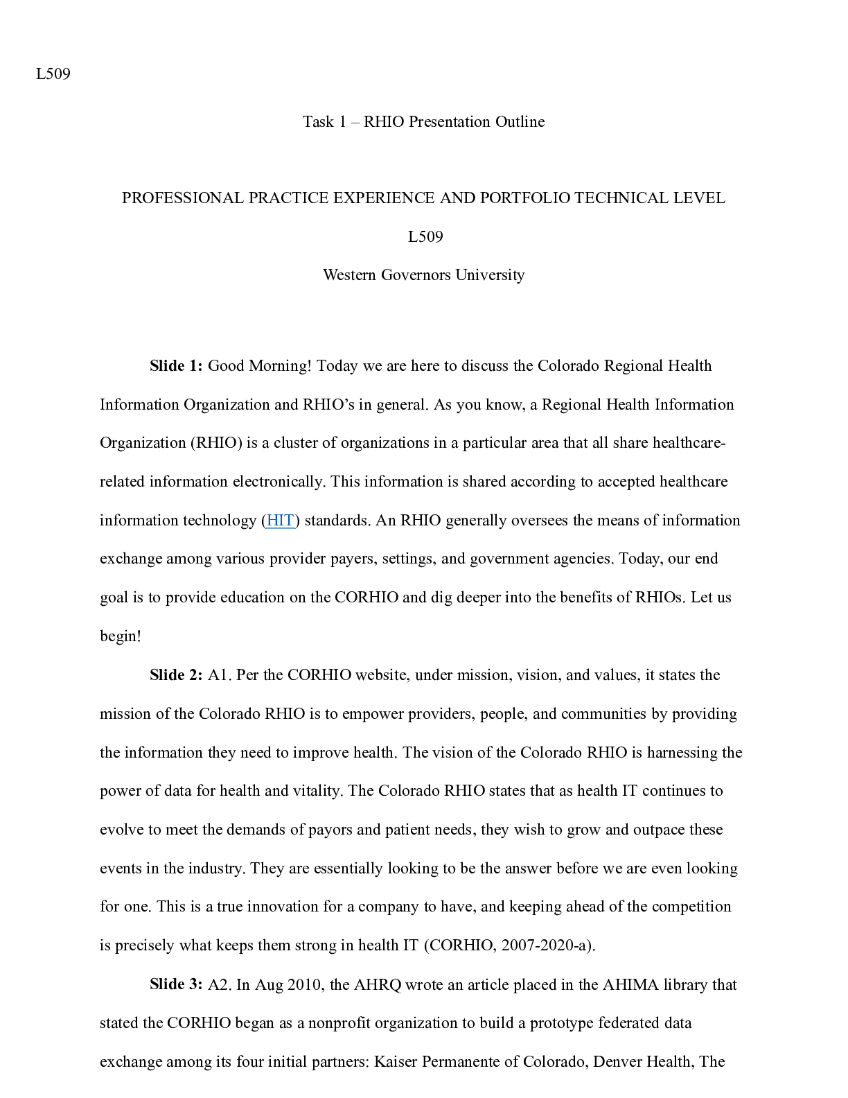 TASK 1 RHIO PRESENTATION OUTLINE.docx L509 Task 1 â€“ RHIO Presentation ...