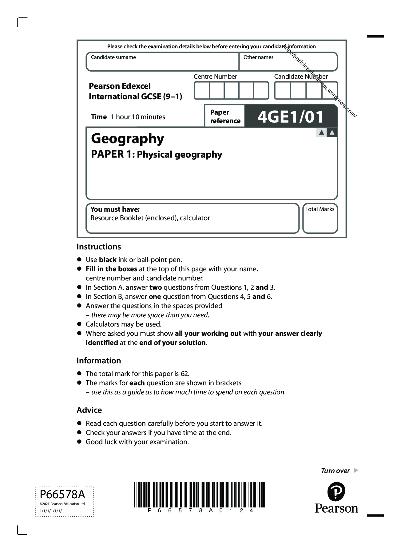 Pearson Edexcel International GCSE (9–1) Geography PAPER 1: Physical ...