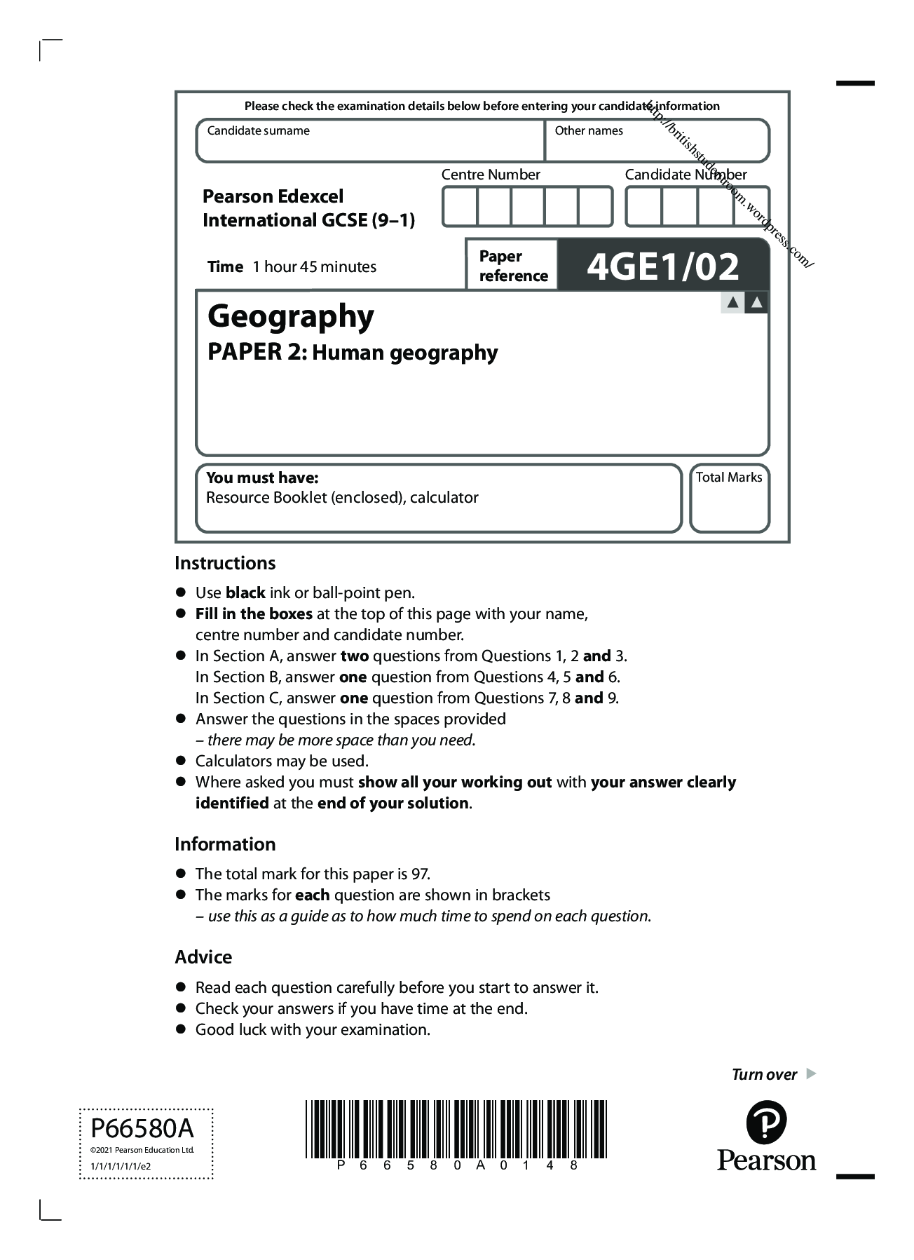 Pearson Edexcel International GCSE (9–1) Geography PAPER 2: Human ...