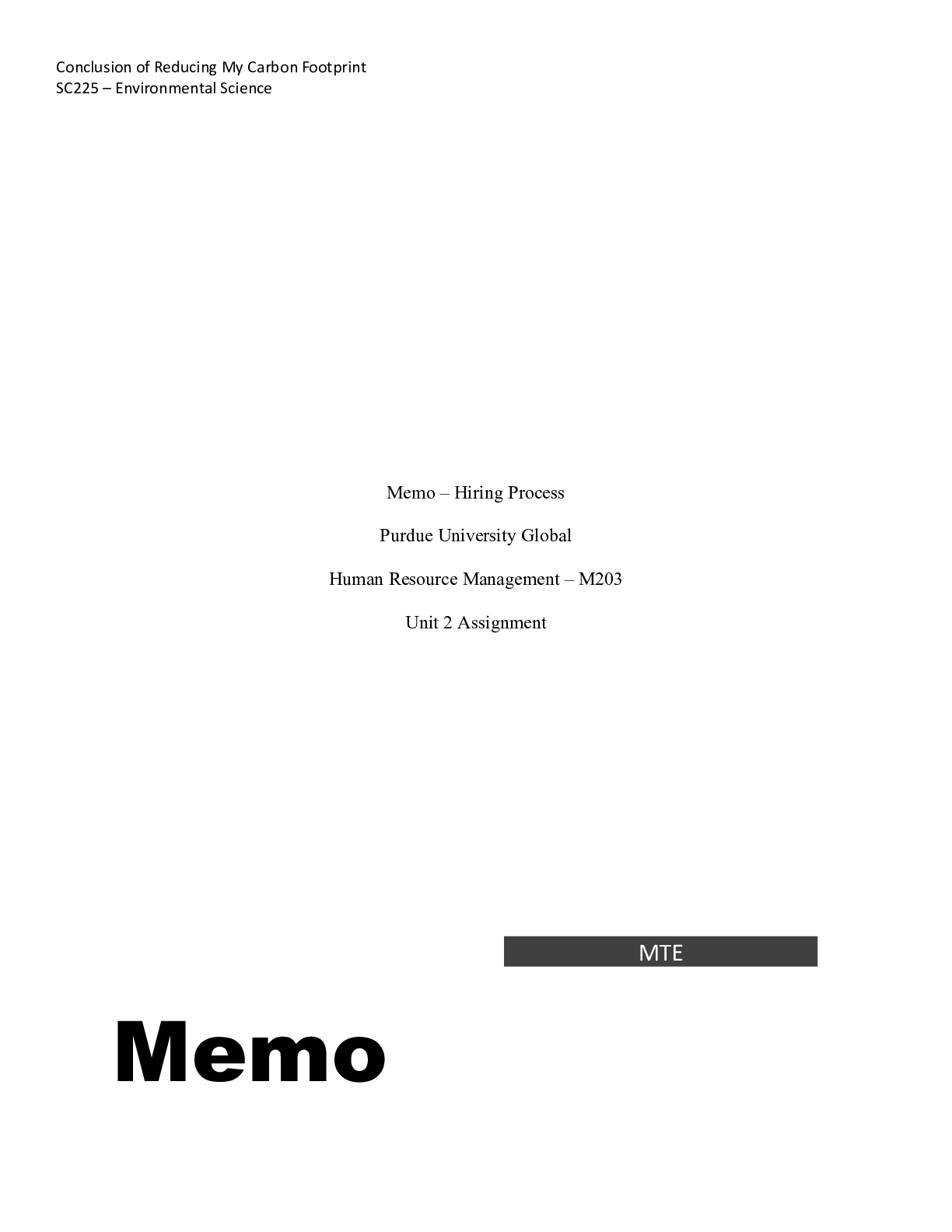 M230 HRMUnit 2 Assignment.docx Memo â€“ Hiring Process Purdue ...