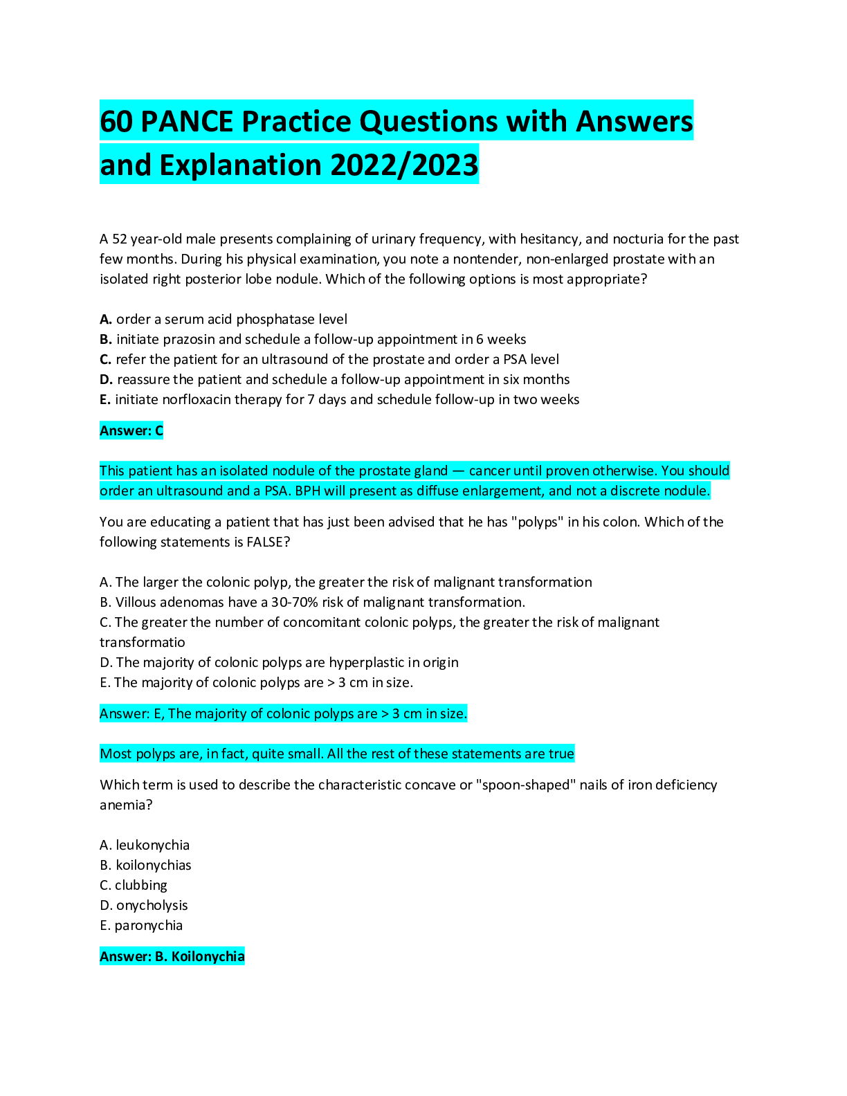 60 PANCE Practice Questions with Answers and Explanation 2022/2023 ...
