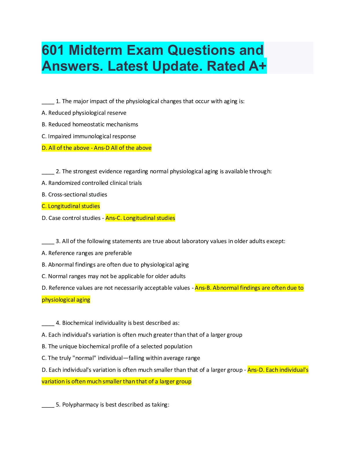 601 Midterm Exam Questions and Answers. Latest Update. Rated A+ ...