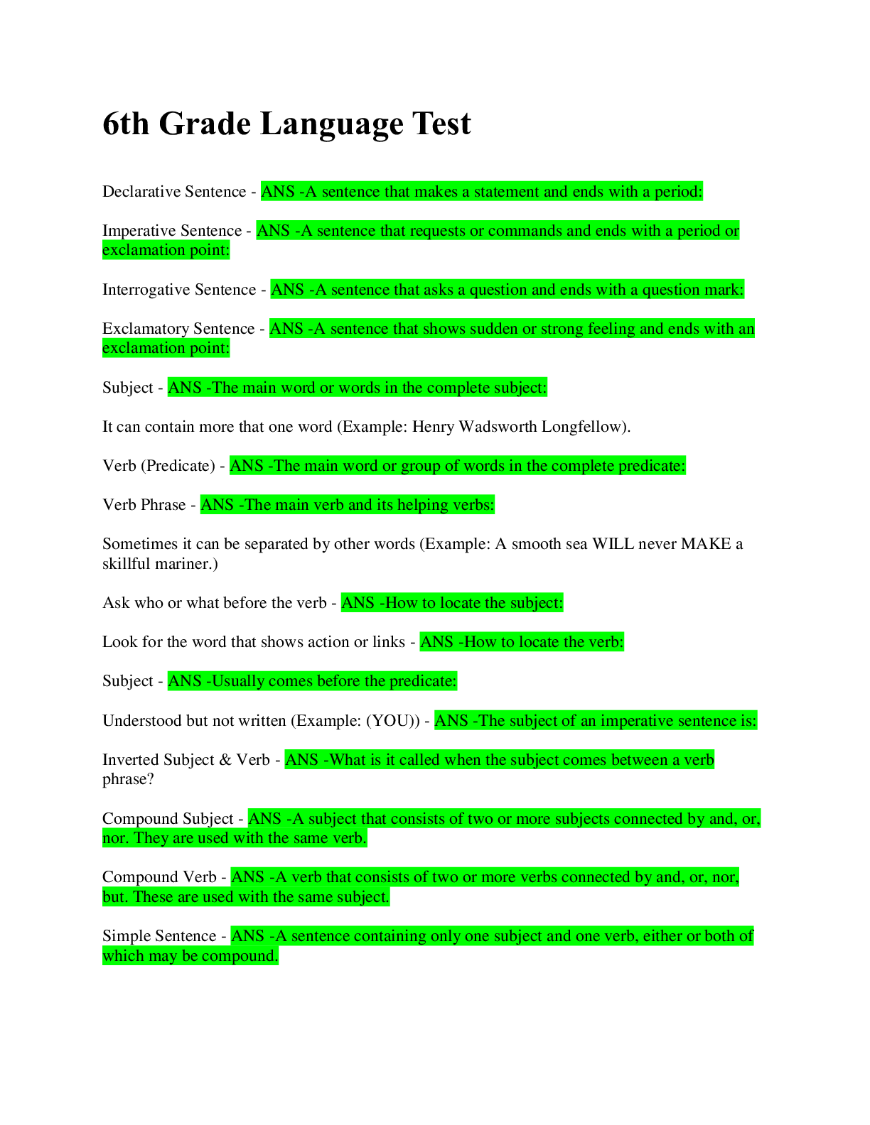 6th Grade Language Test / Questions / with Accurate Answers ...