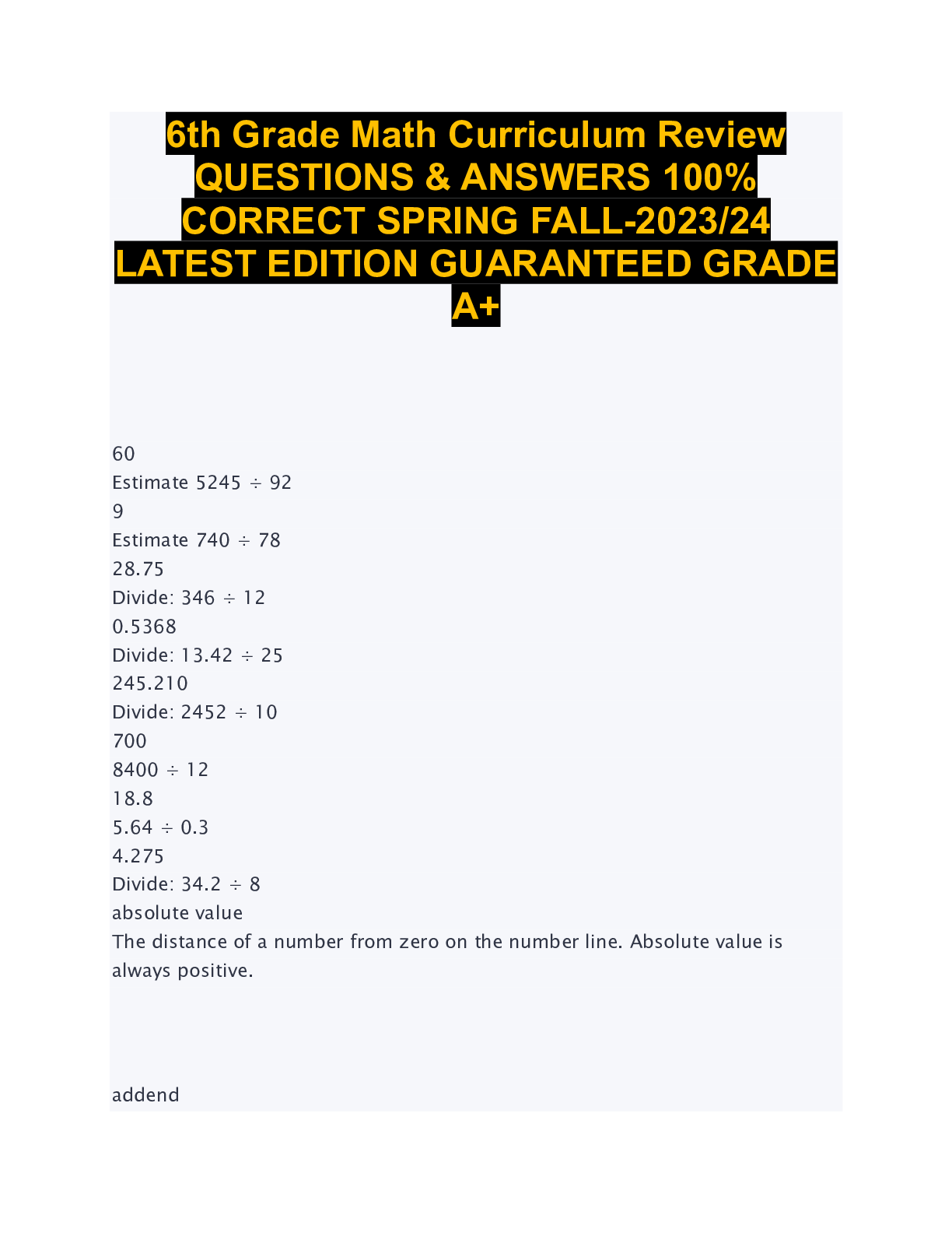 6th Grade Math Curriculum Review QUESTIONS & ANSWERS 100% CORRECT ...