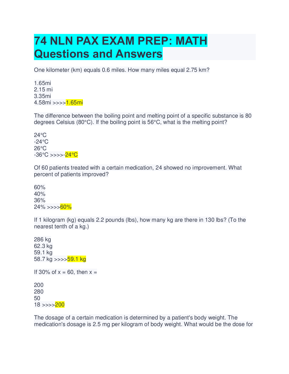 74 NLN PAX EXAM PREP: MATH Questions and Answers - Scholarfriends