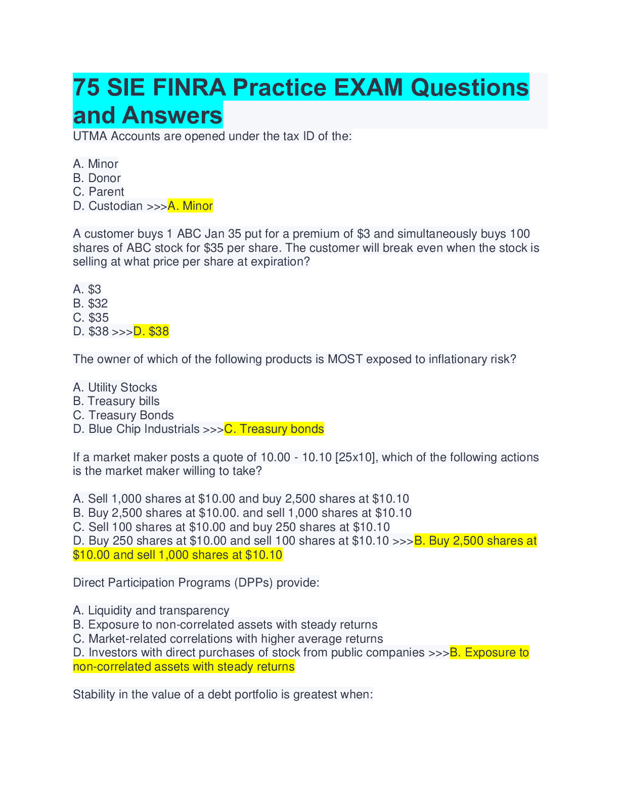 75 SIE FINRA Practice EXAM Questions and Answers – Scholarfriends ...