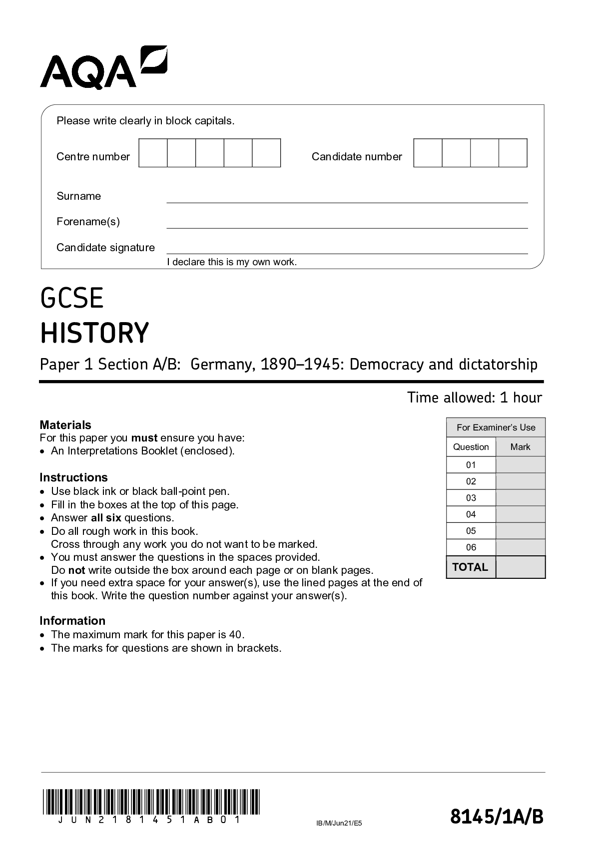 AQA GCSE HISTORY 8145/1A/B Paper 1 Section A/B: Germany, 1890–1945: Democracy and dictatorship ...