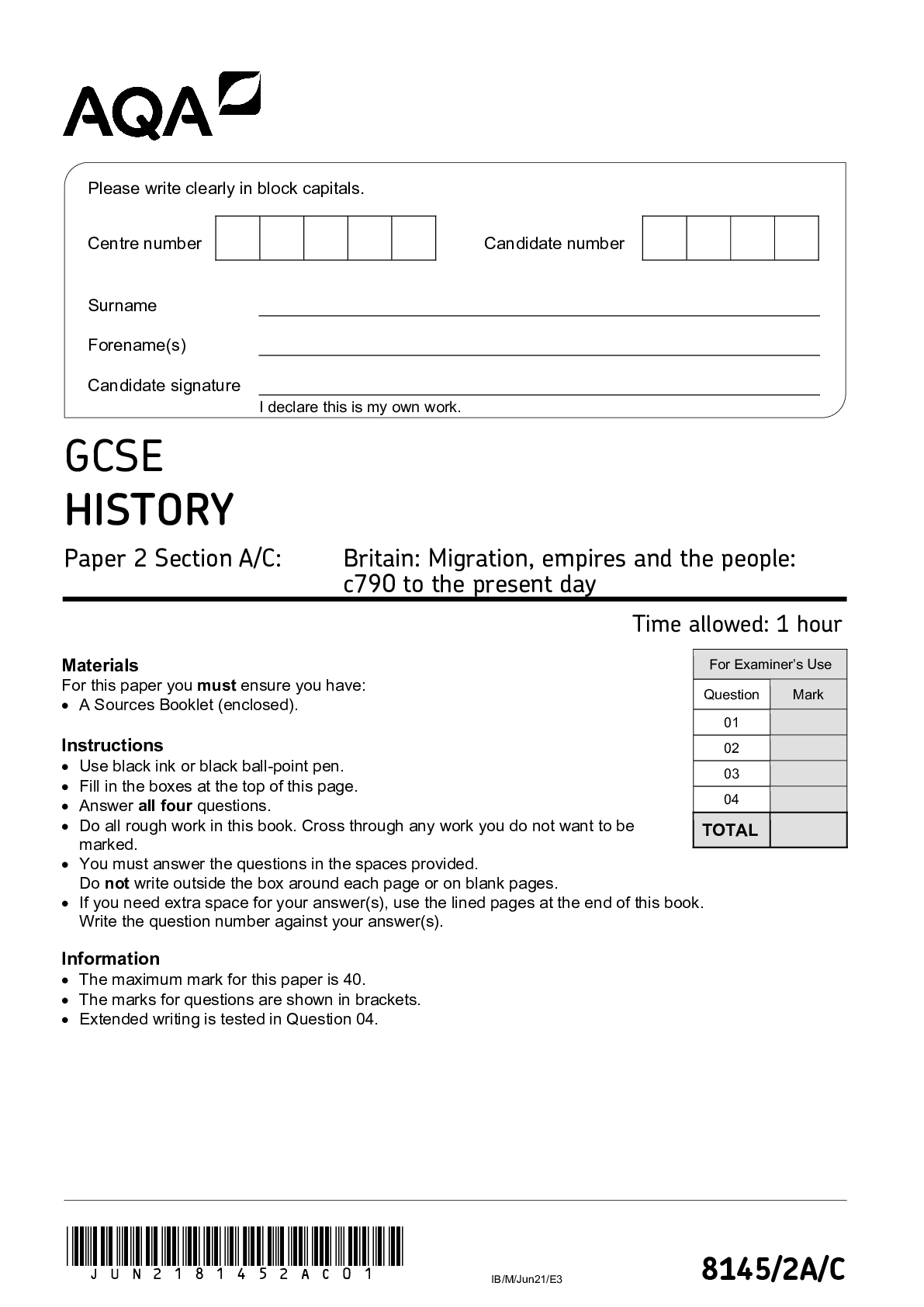 AQA GCSE HISTORY 8145/2A/C Paper 2 Section A/C: Britain: Migration ...