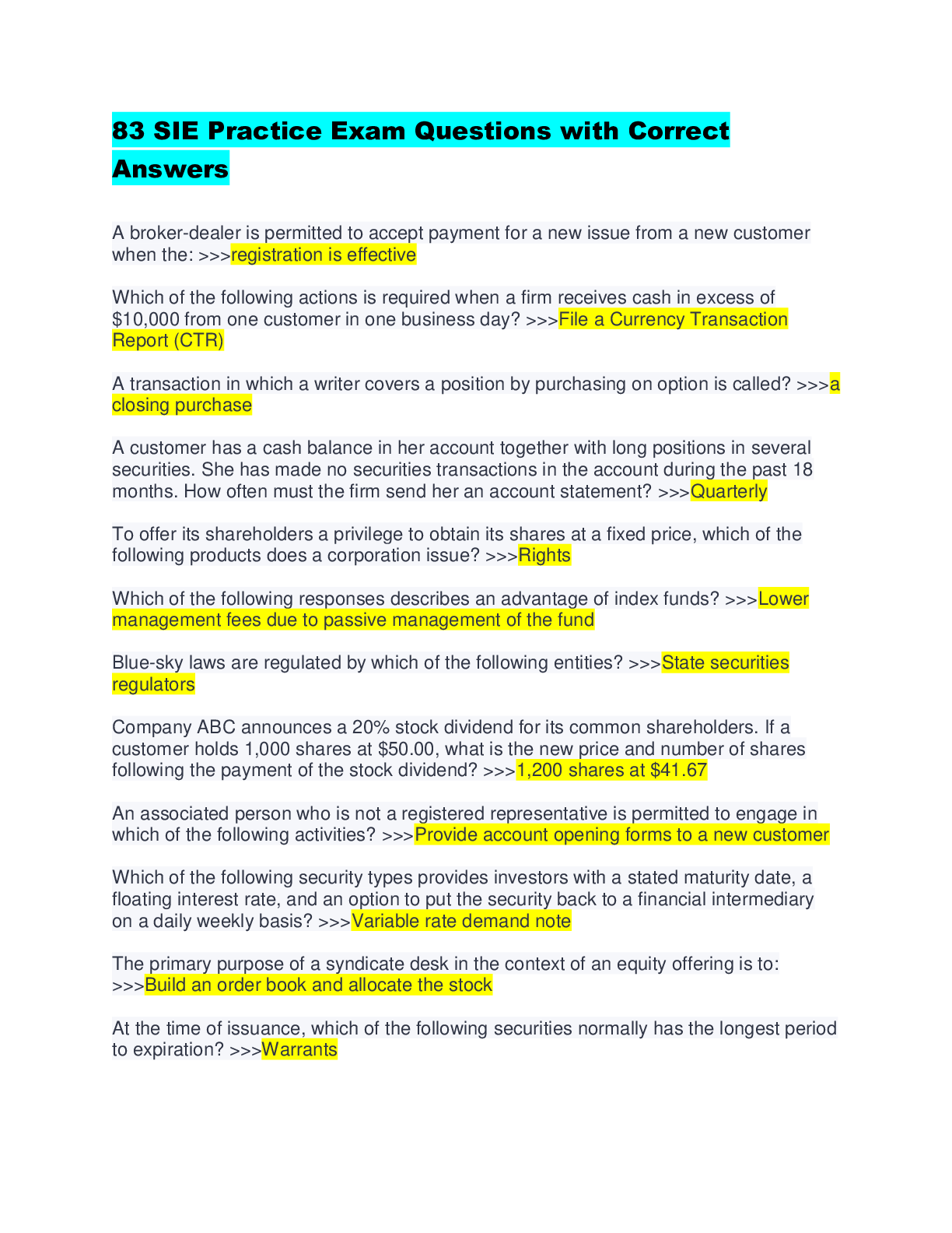 83 SIE Practice Exam Questions with Correct Answers. Rated A ...