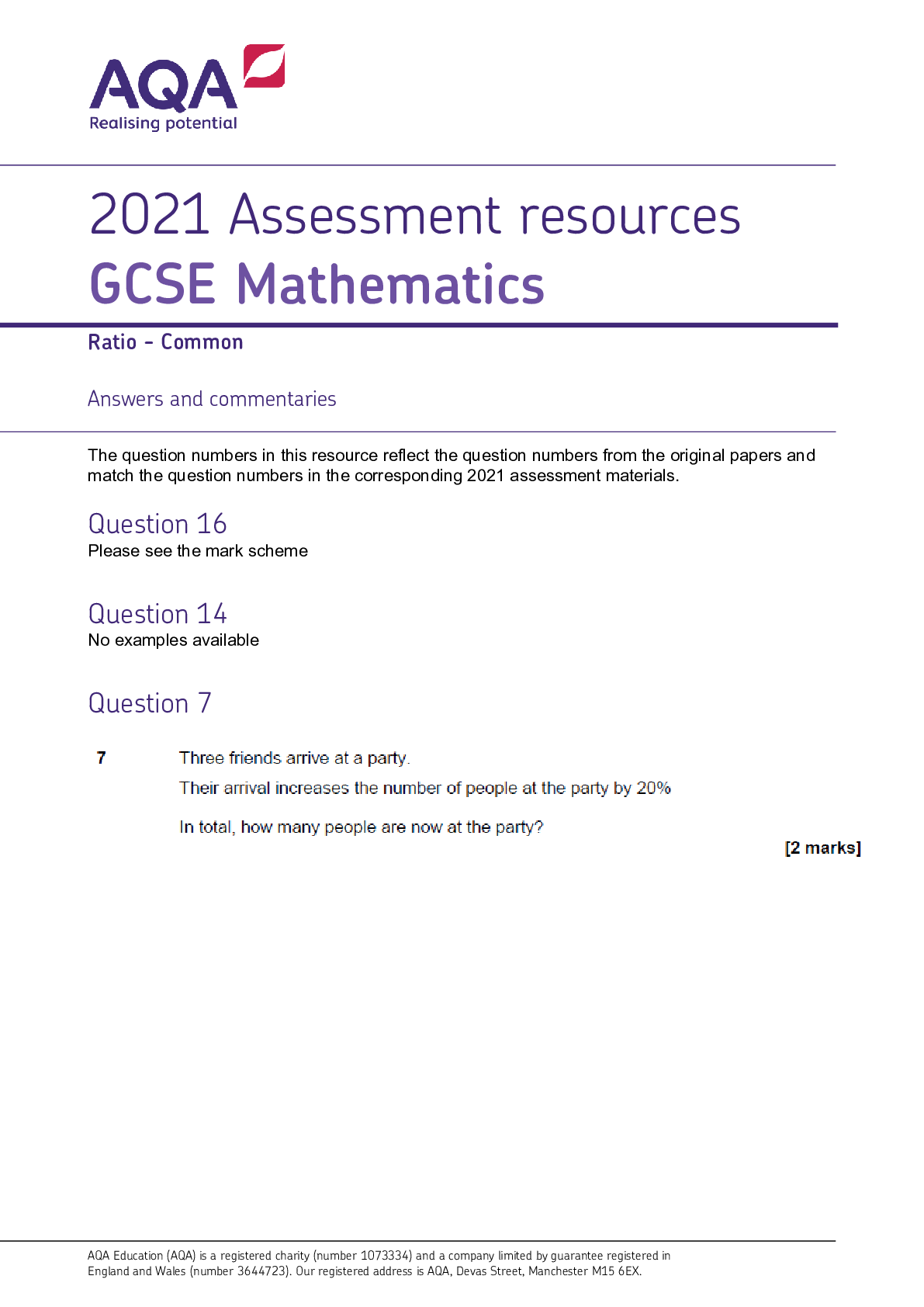AQA GCSE Mathematics Ratio - Common Answers and Commentaries. 2021 ...