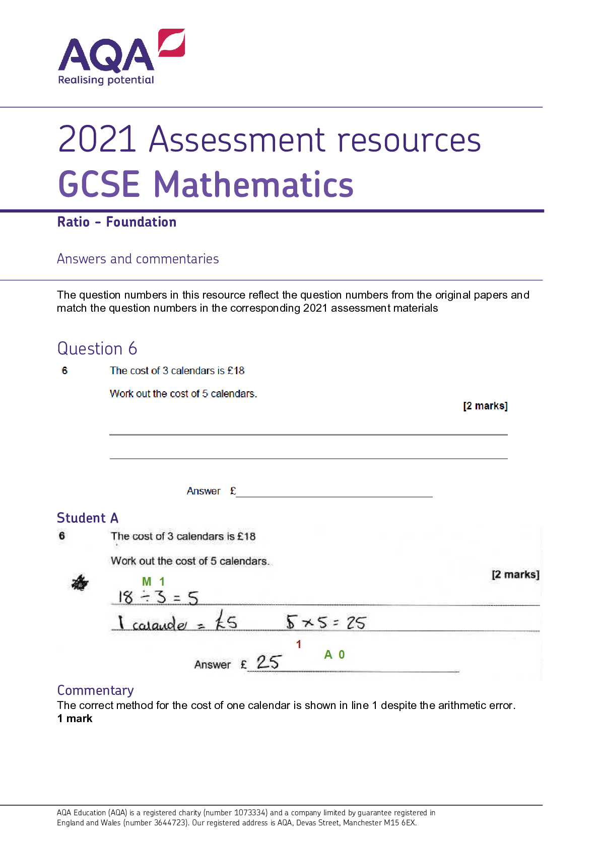 AQA GCSE Mathematics Ratio - Foundation Answers and Commentaries. 2021 ...