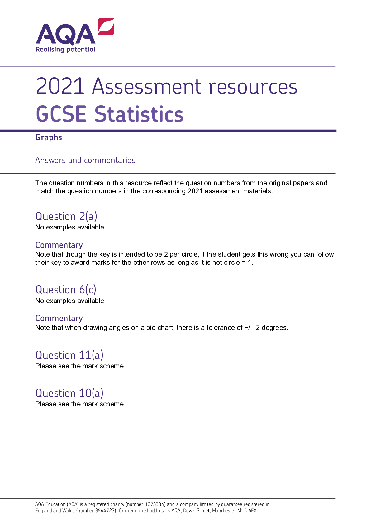 AQA GCSE Statistics 8382 Graphs Answers and commentaries. 2021 ...