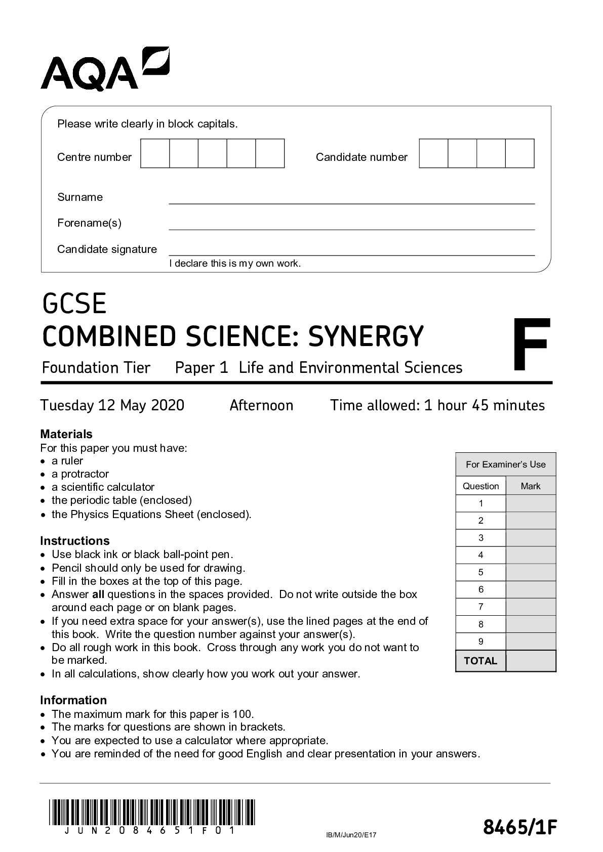 AQA GCSE8465/1F Combined Science Synergy Paper 1 Tier F / GCSE COMBINED ...