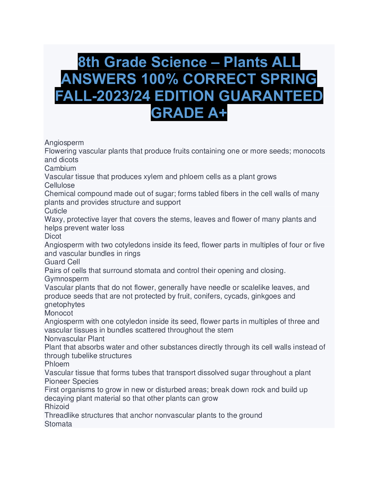 8th Grade Science – Plants ALL ANSWERS 100% CORRECT SPRING FALL-2023/24 ...