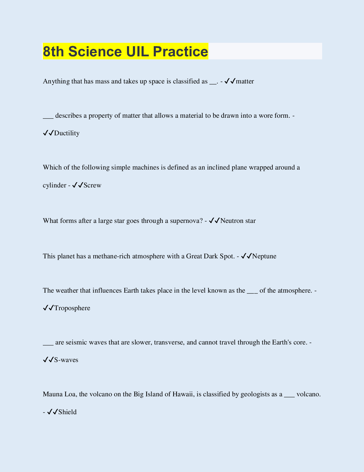 8th Science UIL Practice - Scholarfriends