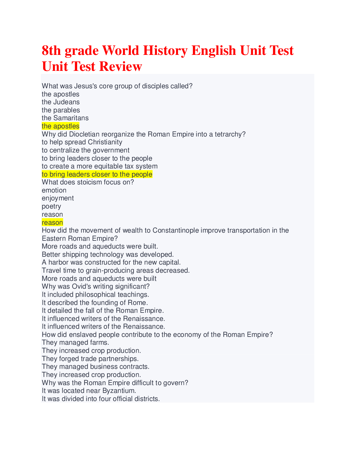 8th grade World History English Unit Test Unit Test Review with ...